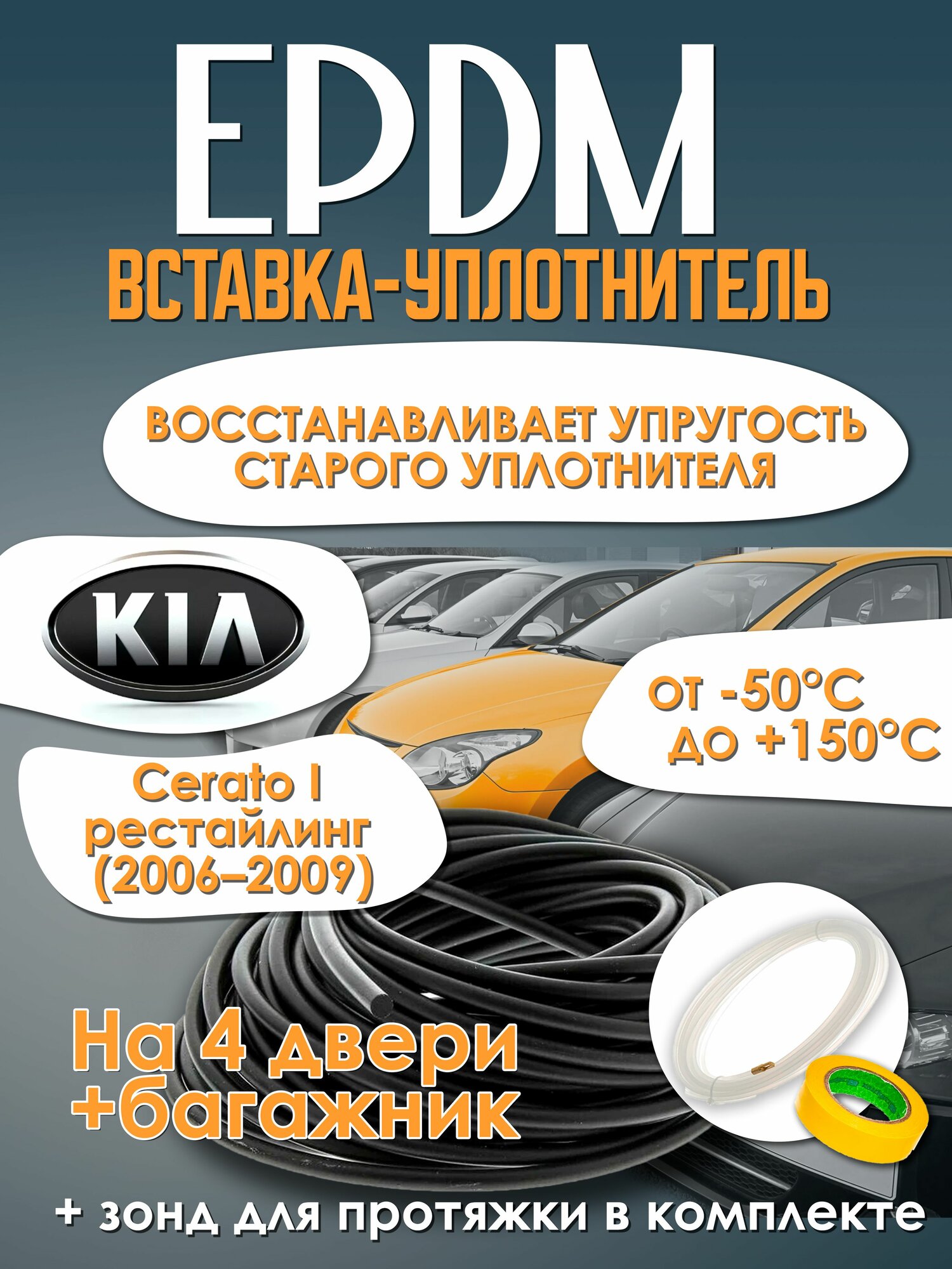 EPDM вставка-уплотнитель для дверей автомобиля Kia Cerato I рестайлинг (2006-2009) / Киа Серато 1 поколение рестайлинг