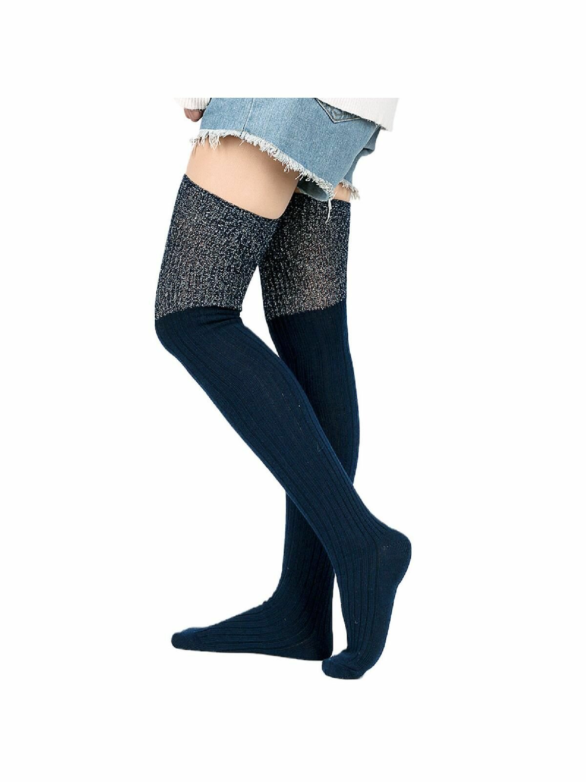 Женские ребристые чулки до бедра с металлическим блеском, темно-синий