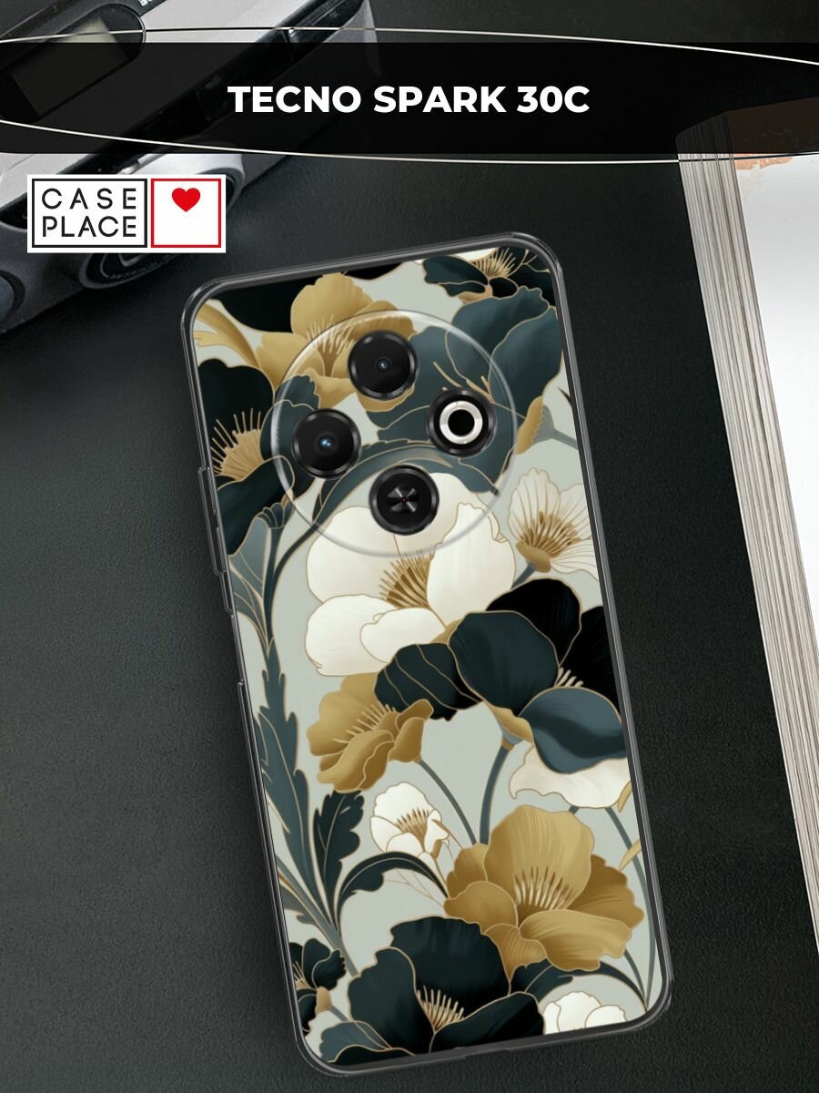 Чехол на Tecno Spark 30C / Текно Спарк 30C с принтом Золотые и белые цветы