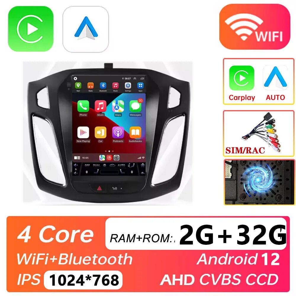 Автомобильный радиоприемник Android 12, мультимедийный плеер для Ford Focus 3 Mk3 2012-2019, для Tesla Style, экранная навигация, GPS, 2DIN, видео 4G, Wi-Fi