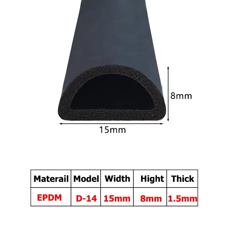 Черная самоклеящаяся уплотнительная лента EPDM D-типа 1/5 метра 15x8mm, 5 М