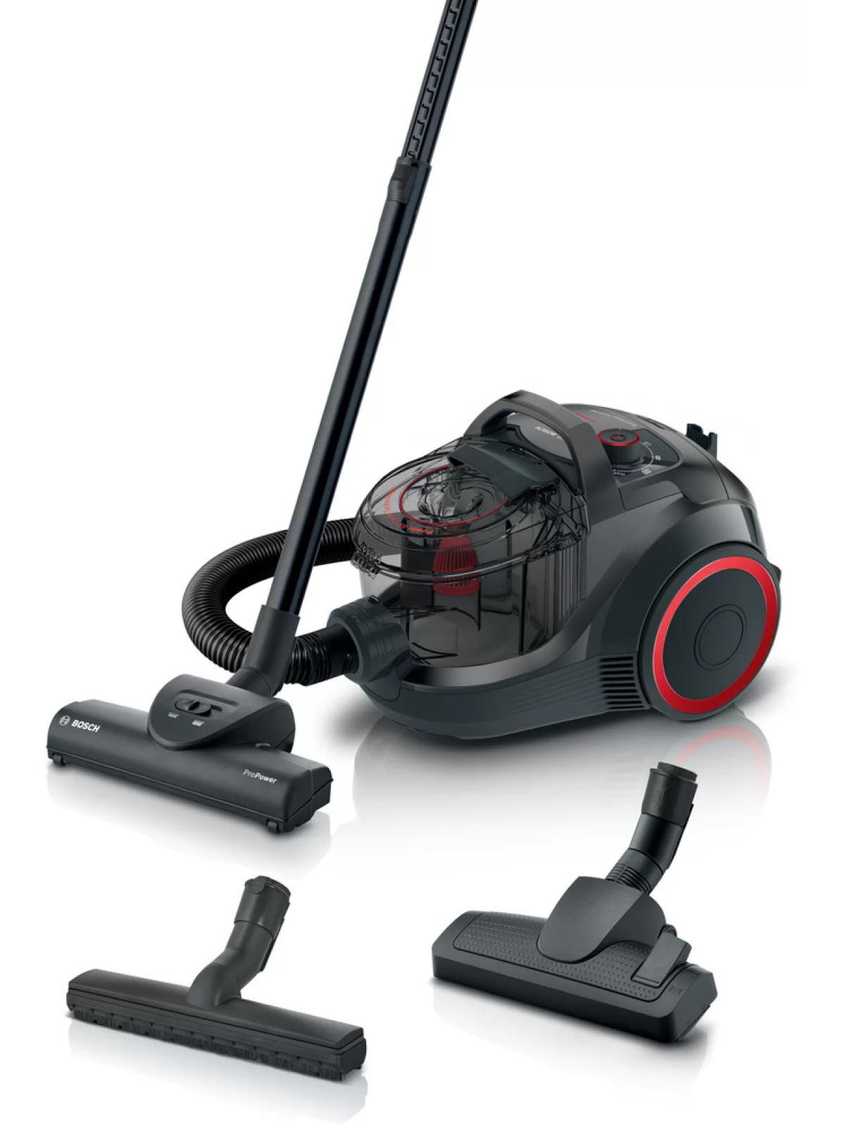 Пылесос Bosch ProPower BGS21POW2 с контейнером для пыли, 700Вт, черный/красный