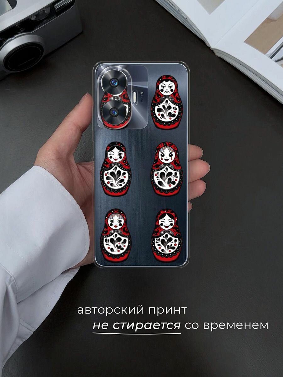 Чехол на Realme C55 / Реалми C55 с принтом Разные матрешки, прозрачный — фото 1