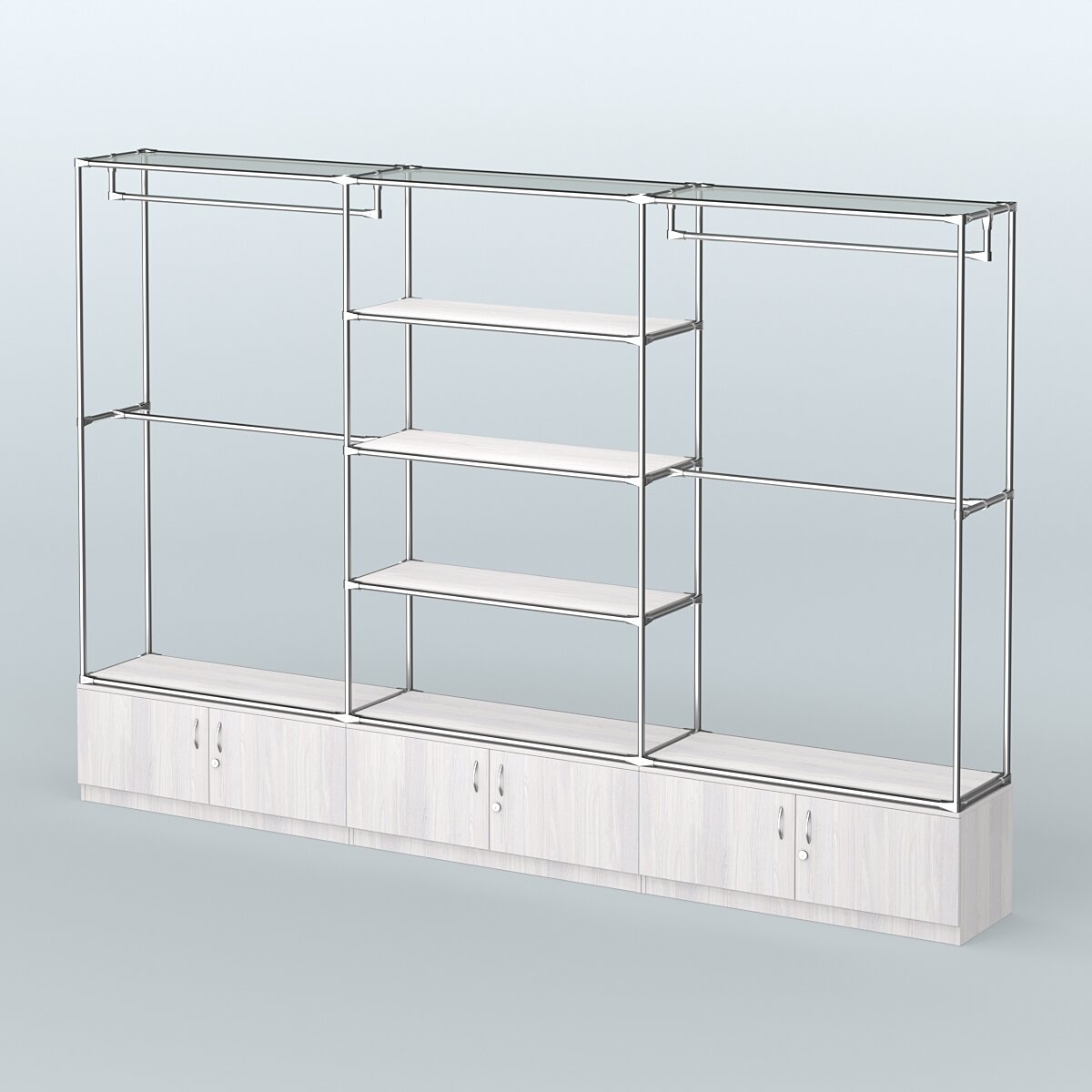 Торговая система хром без ДСП 3600 мм с тумбами Т21, полками ДСП и поручнями №2, Ясень Анкор светлый