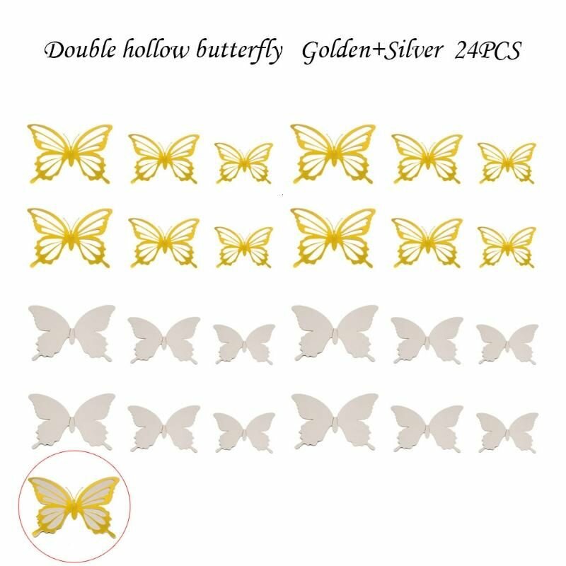 1 набор из 24 шт, 12 пар композитных двухслойных цветных полых бабочек золотисто-перламутровой бумаги серебристого цвета