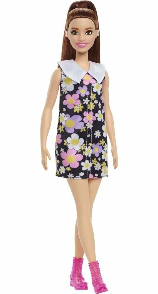 Кукла Barbie Fashionistas #187, Брюнетка с конским хвостом, платье-сорочка, Розовые сапожки, Слуховые аппараты за ухом, Игрушка для детей от 3 до 8 лет