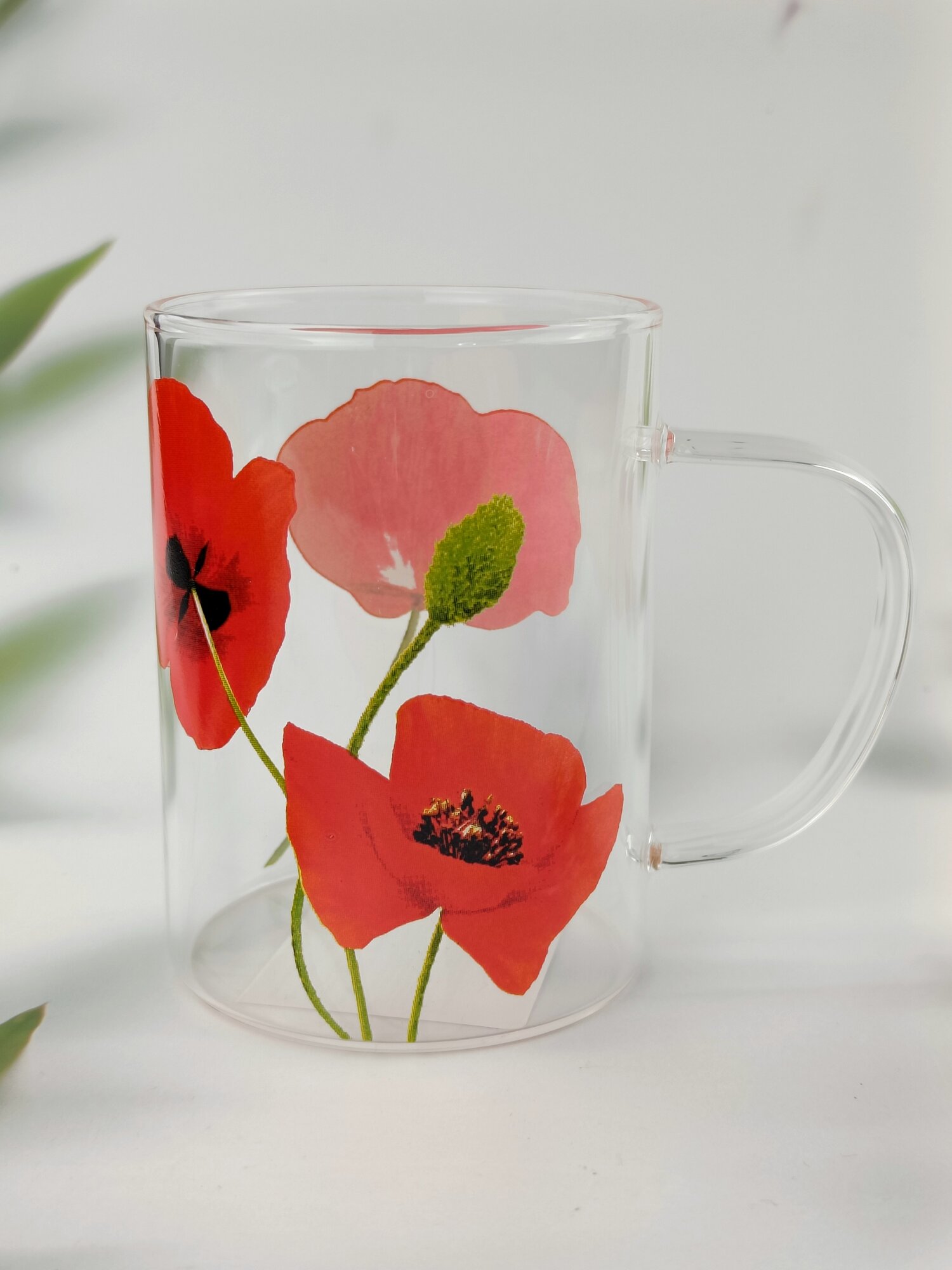Кружка Fresco Маки, 300 мл, прозрачный и красный