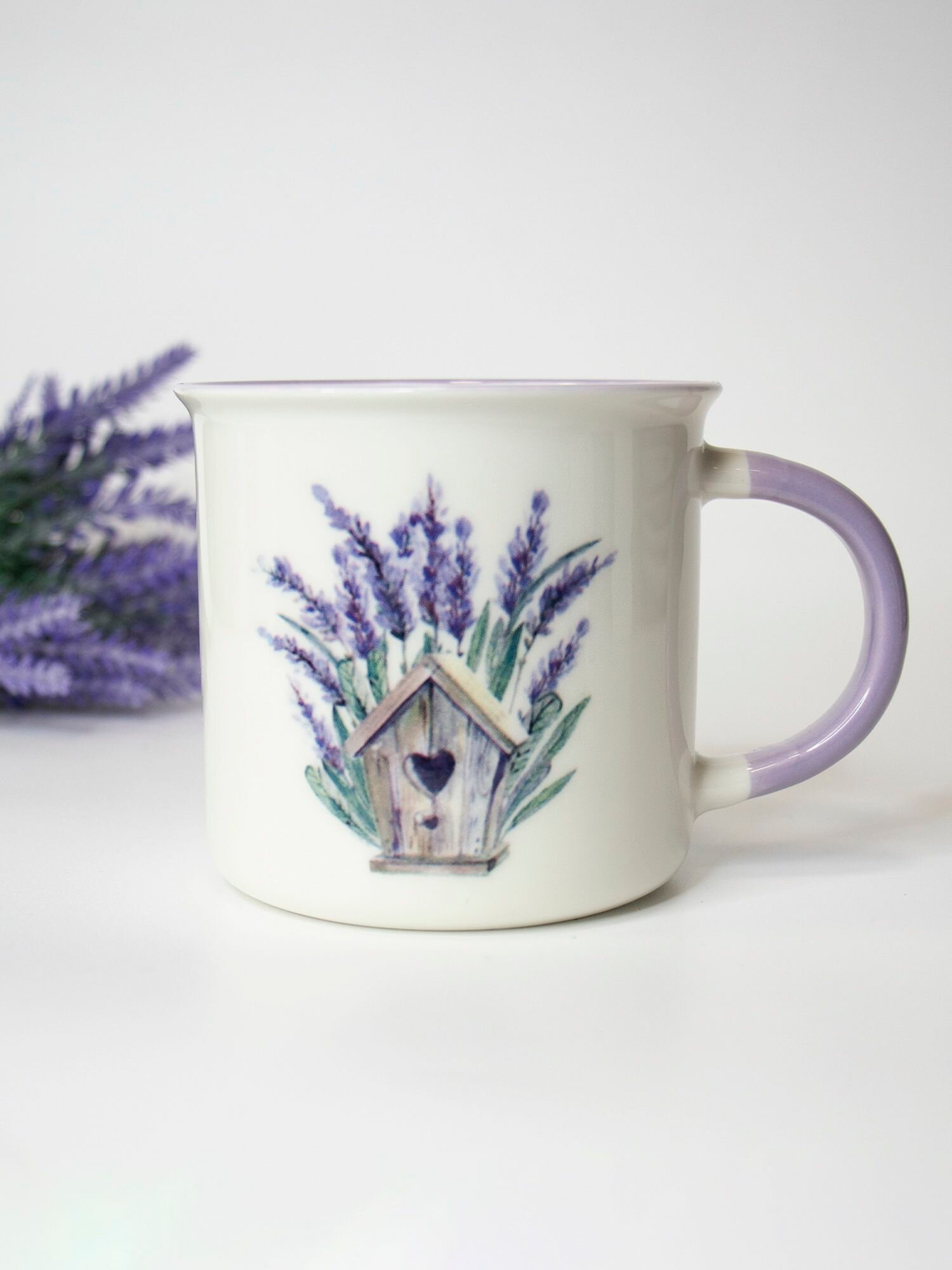 Кружка дачная, "Сиреневые цветы: лаванда и скворечник", 400 мл, федерация - 1 шт