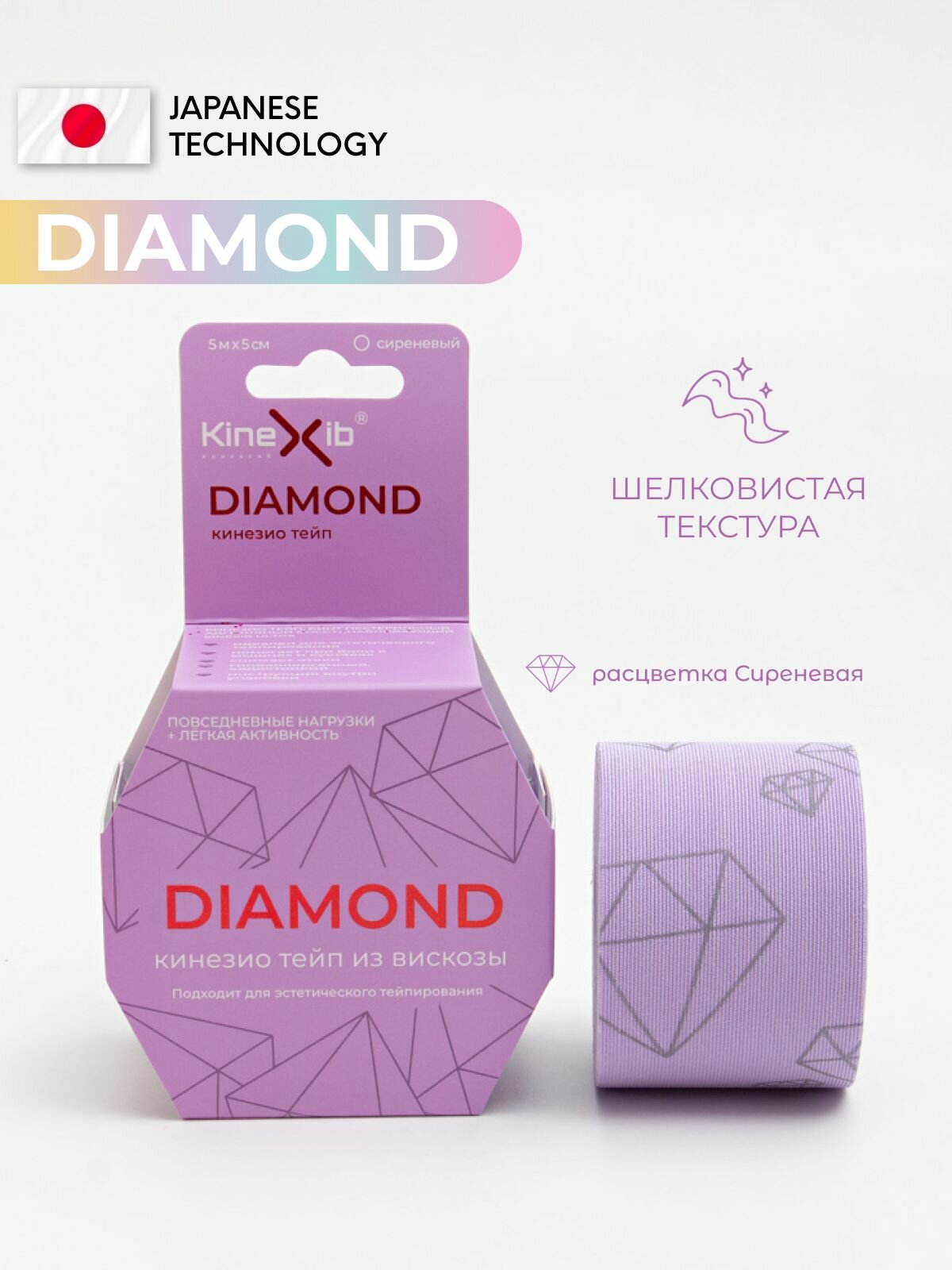Кинезио тейп Kinexib ULTRA Diamond, тейпы для тела, тейп для лица 5см Х 5 м, сиреневый