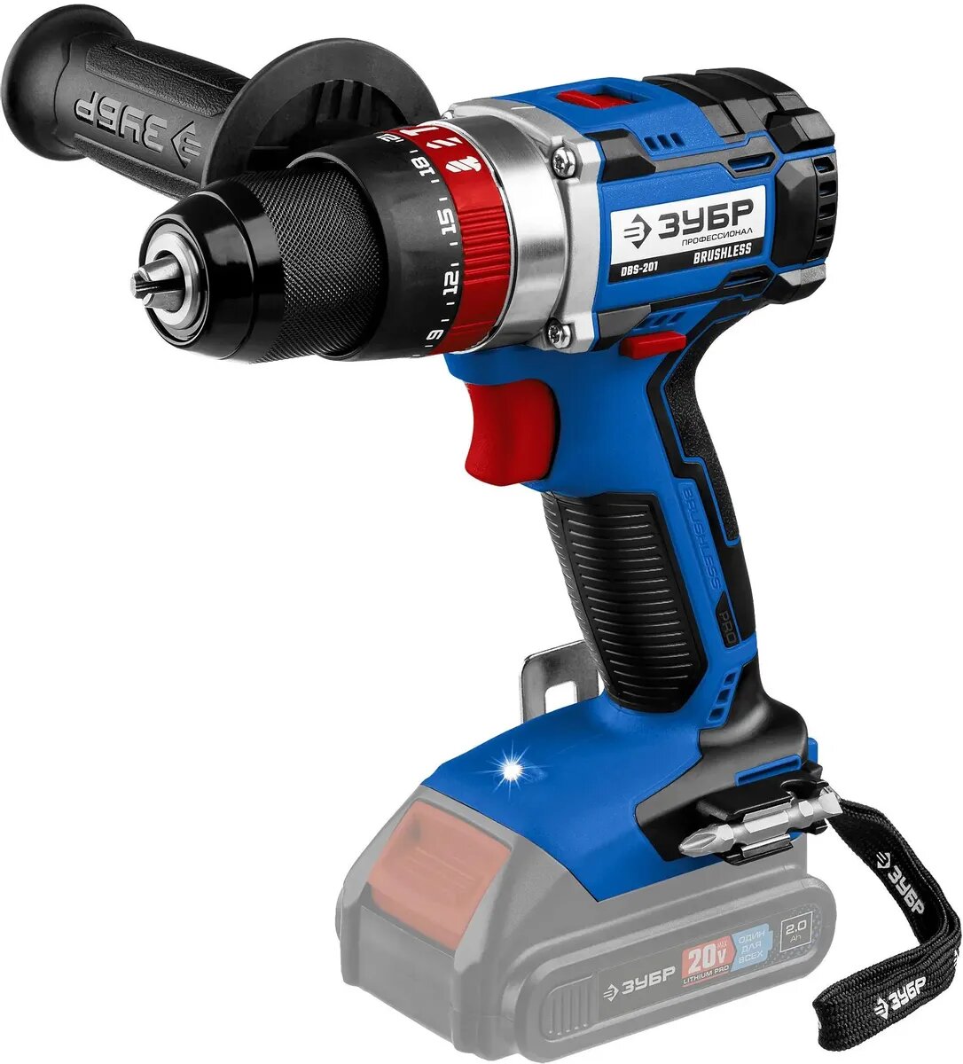 Дрель-шуруповерт аккумуляторная ЗУБР Профессионал DBS-201, синий/красный/черный, без АКБ