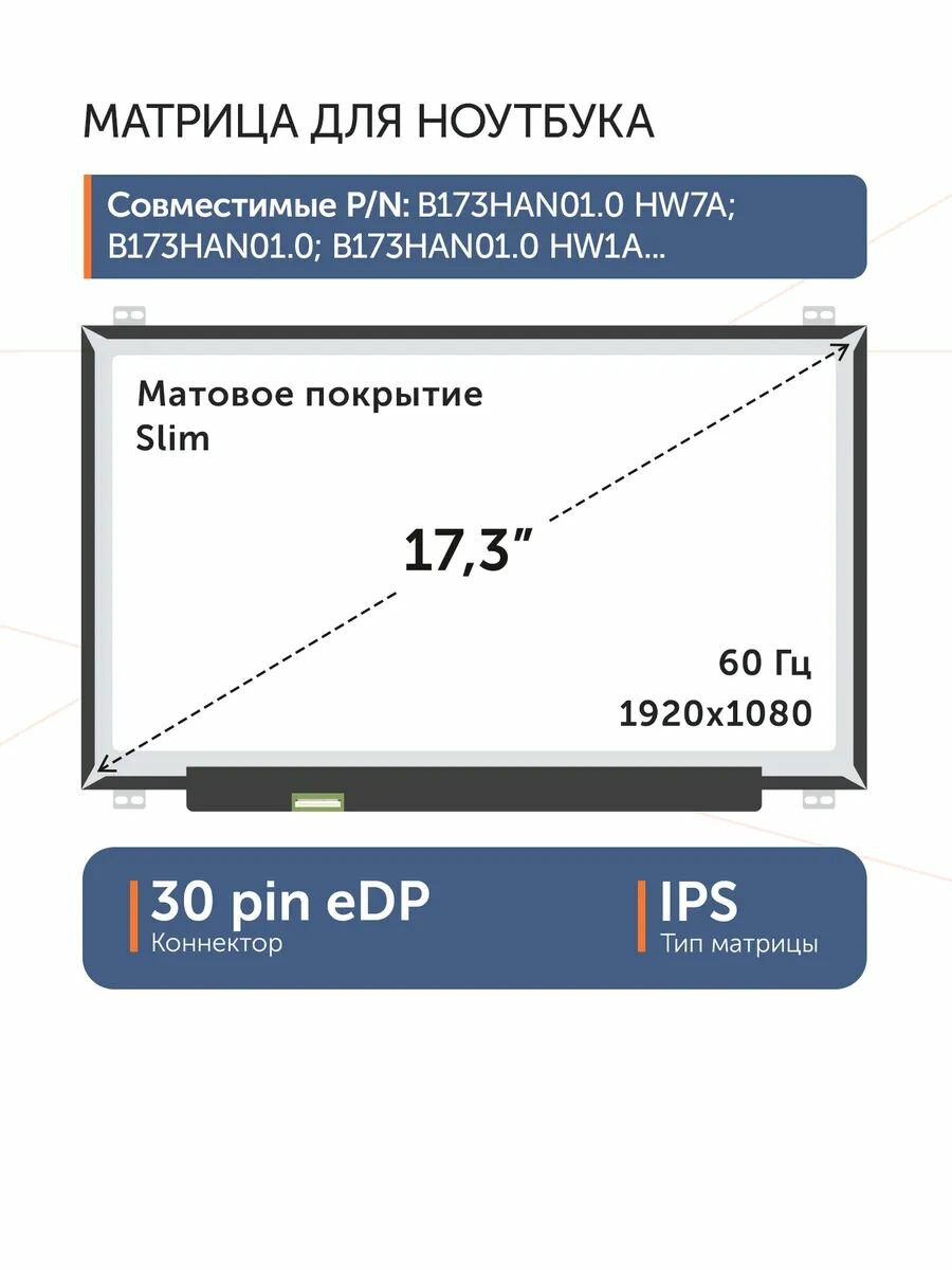 Матрица 17,3" N173HCE-E31 Rev. C1, 30 pin eDP, Slim, 1920х1080, IPS, матовая, уши верх/низ