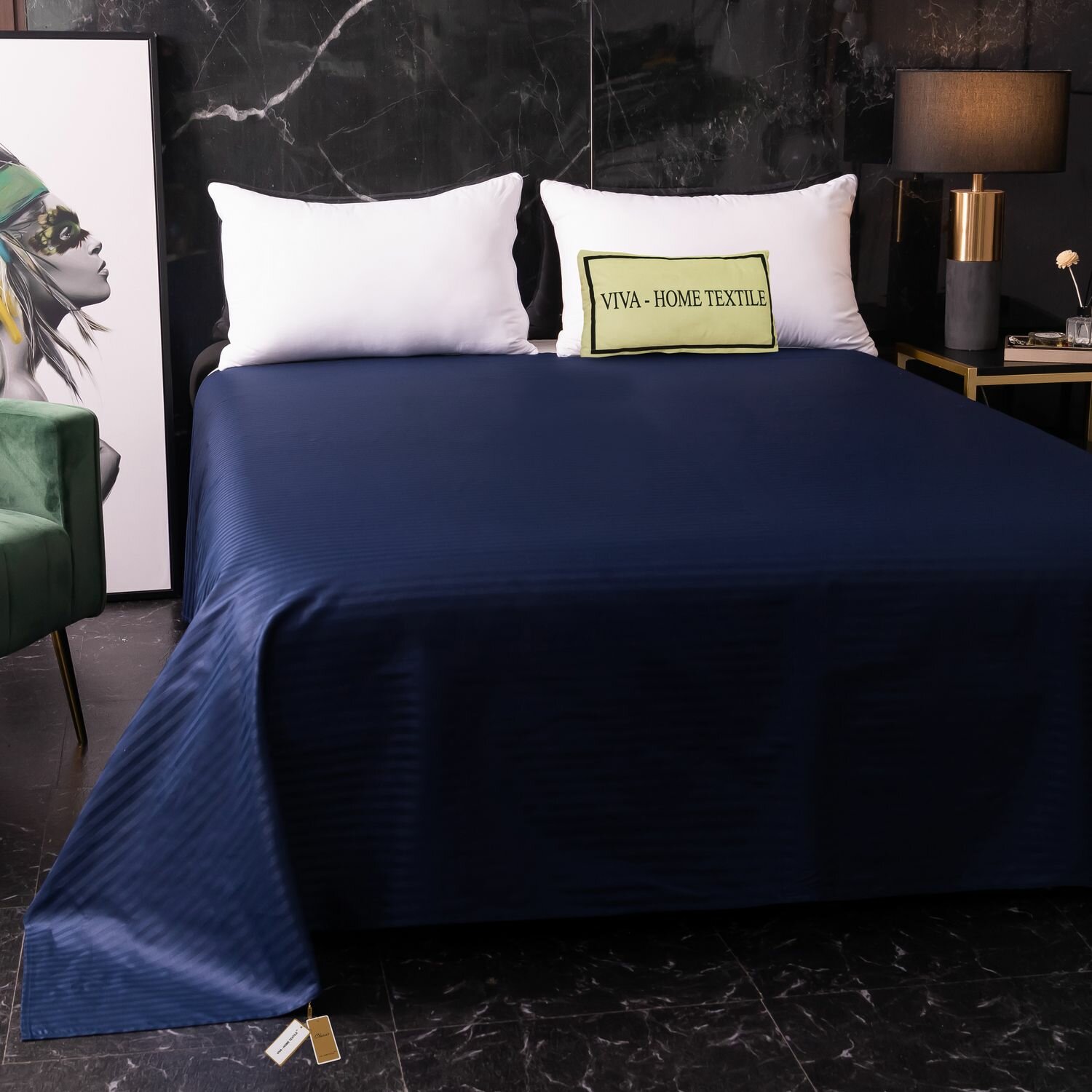 Простыня VIVA HOME TEXTILE, страйп-сатин, хлопок, евро, темно-синяя, 220x230 см