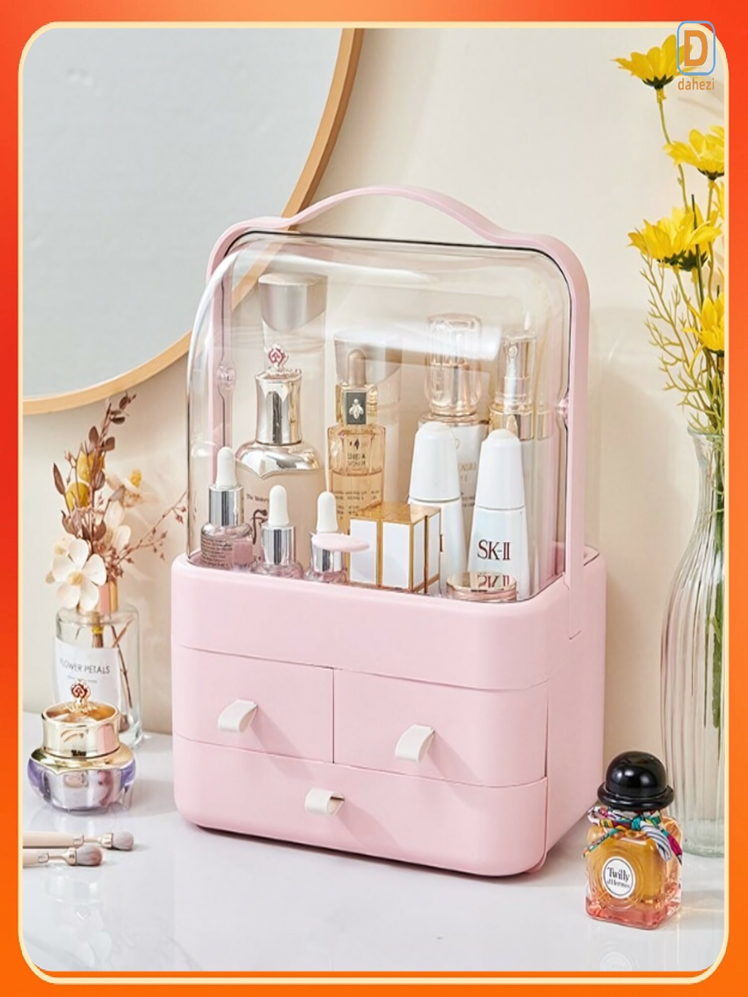 Органайзер настольный для хранения косметики, с ручкой, цвет розовый