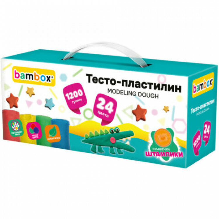 Тесто-пластилин для лепки супер пластичное, 24 цвета, 1200 г, крышки-штампики, BAMBOX (бамбокс), 107249