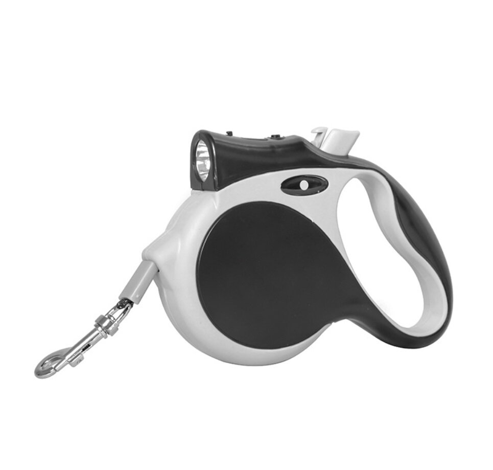 Поводок рулетка для собак и кошек, для мелких и средних пород, 5 метров, с LED фонариком, черный.
