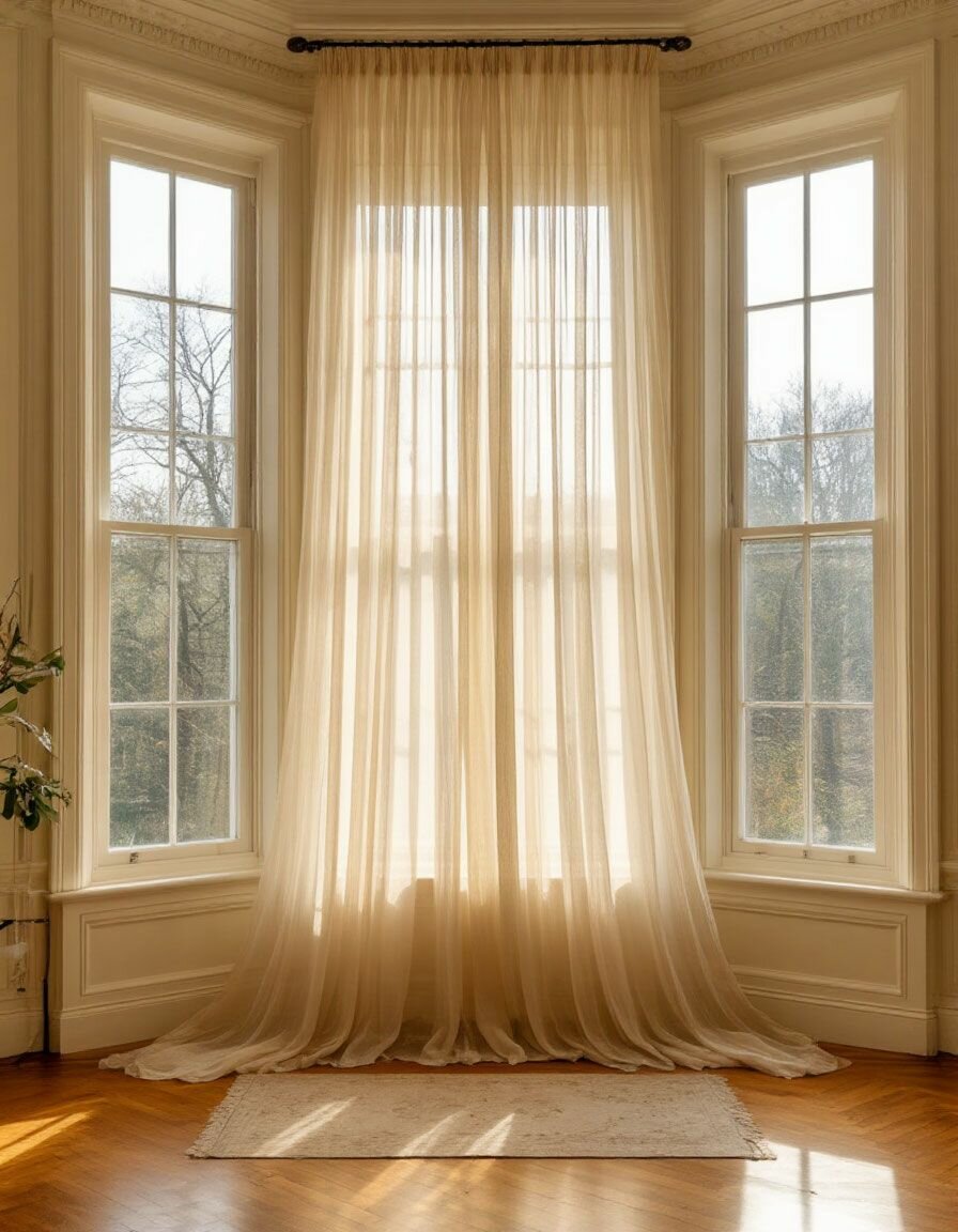 Тюль вуаль кремовый, высота 400 см, ширина 290 см, для комнаты, гостиной и кухни , крепление - Лента, Бизнес Стиль