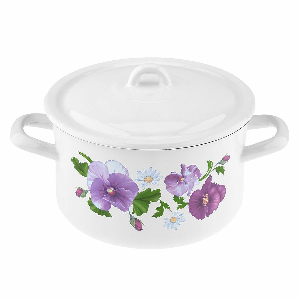 Кастрюля Лысьвенские эмали "Анютины глазки", эмалированная, 2,9 л, форма цилиндрическая, металлическая крышка (С-16111/4Э)