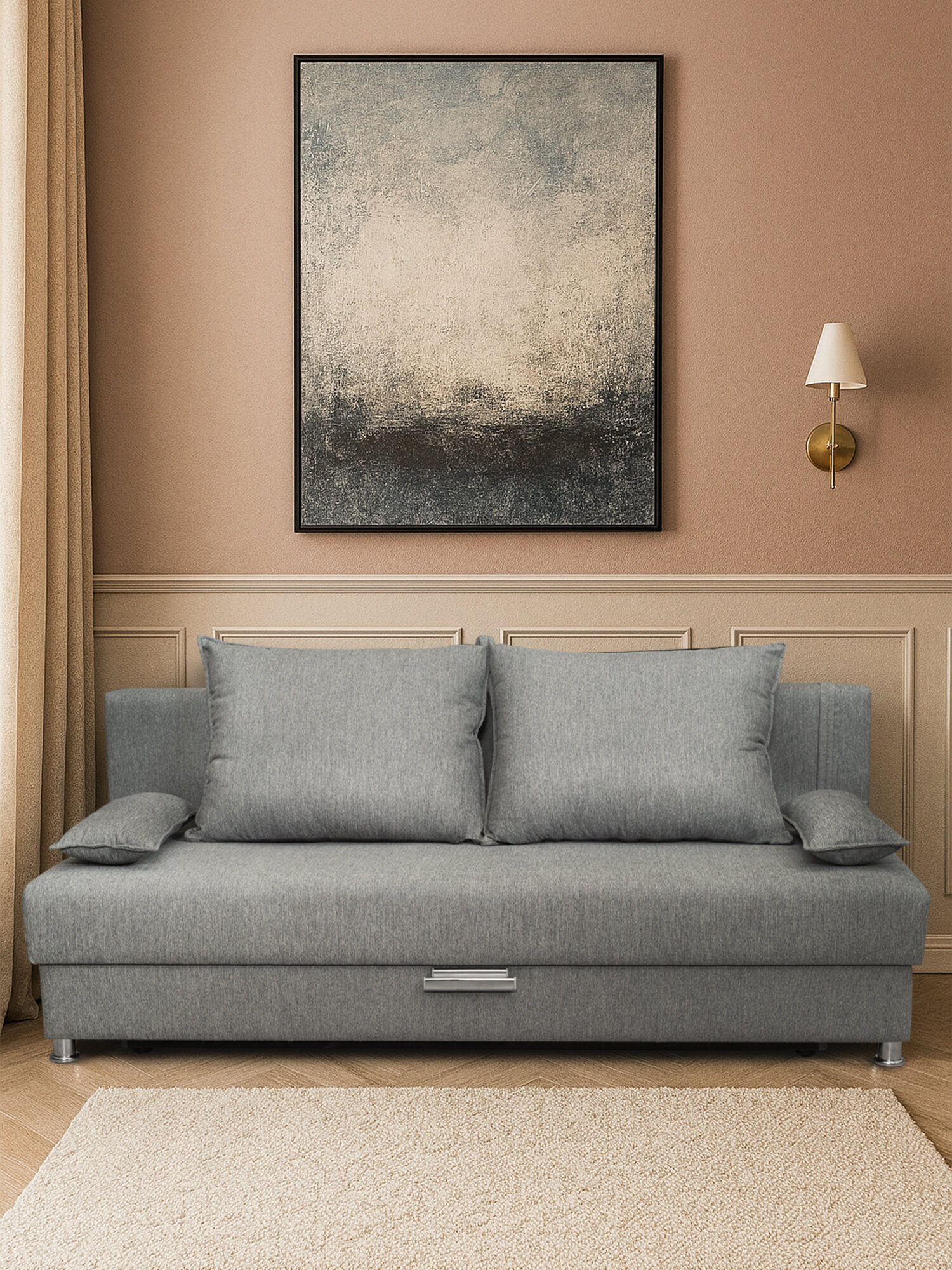 Диван-кровать MARLEN "Лион", велюровая обивка, прямой, 193 см x 90 см x 92 см, серый