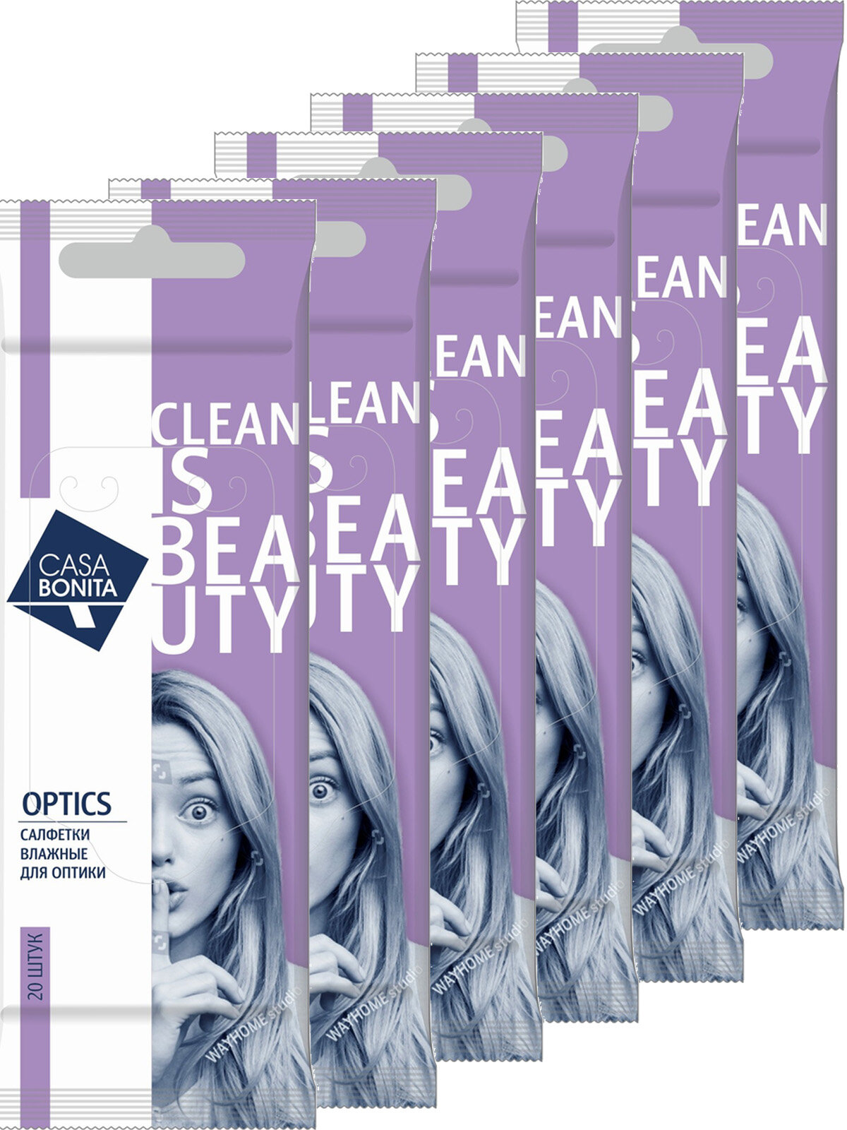 Влажные салфетки Casa Bonita для ухода за очками и оптикой, 20 салф х 6 уп