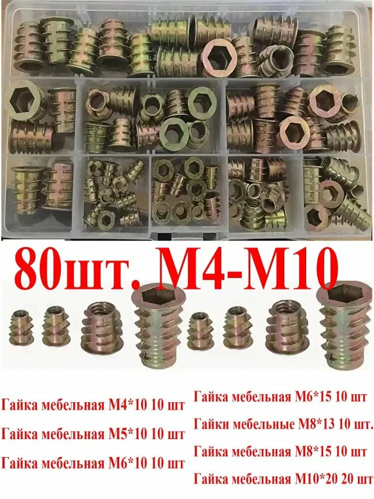 Набор мебельных футорок 80 шт. металлические резьбовые вставки с внутренним шестигранником