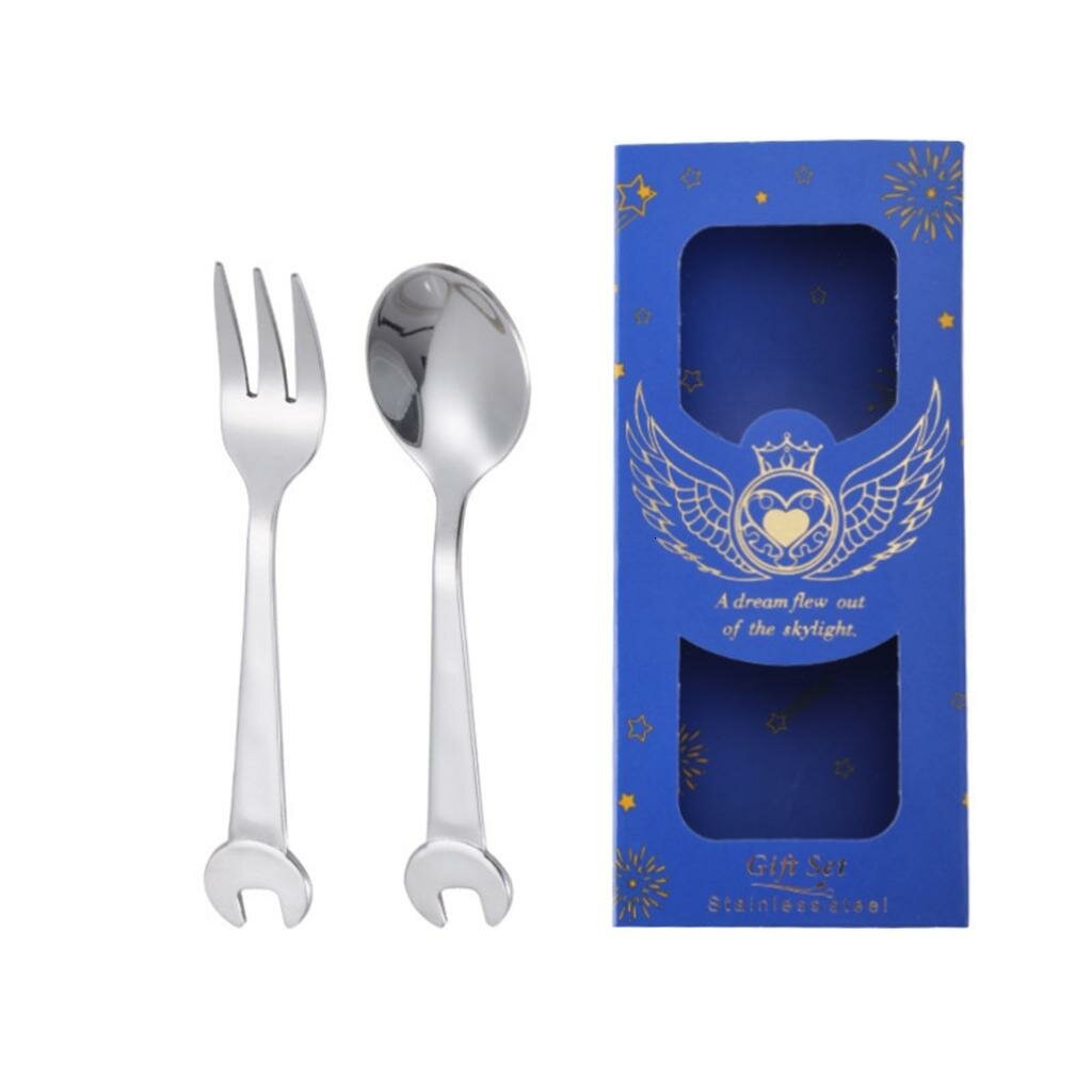 Нержавеющая ложка и вилка в форме гаечного ключа, Серебряная ложка плюс фо - Синий Бокс