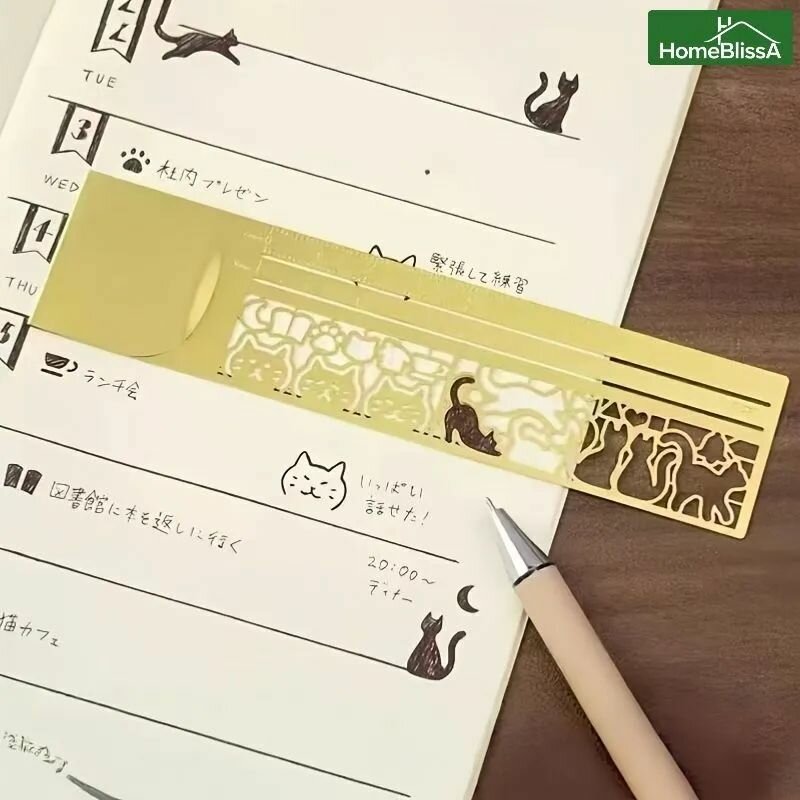 Многофункциональная металлическая линейка с шаблоном кошки, Очаровательная металлическая филигранная закладка, подходящая для дневников, планов и заметок