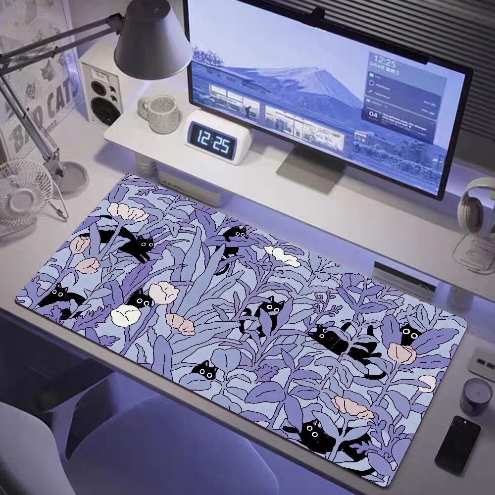 Коврик для мыши XXL с изображением черного кота и зеленой растения, аниме, для игрового стола, клавиатуры, компьютера, HD, аксессуары для геймеров, коврик для игр