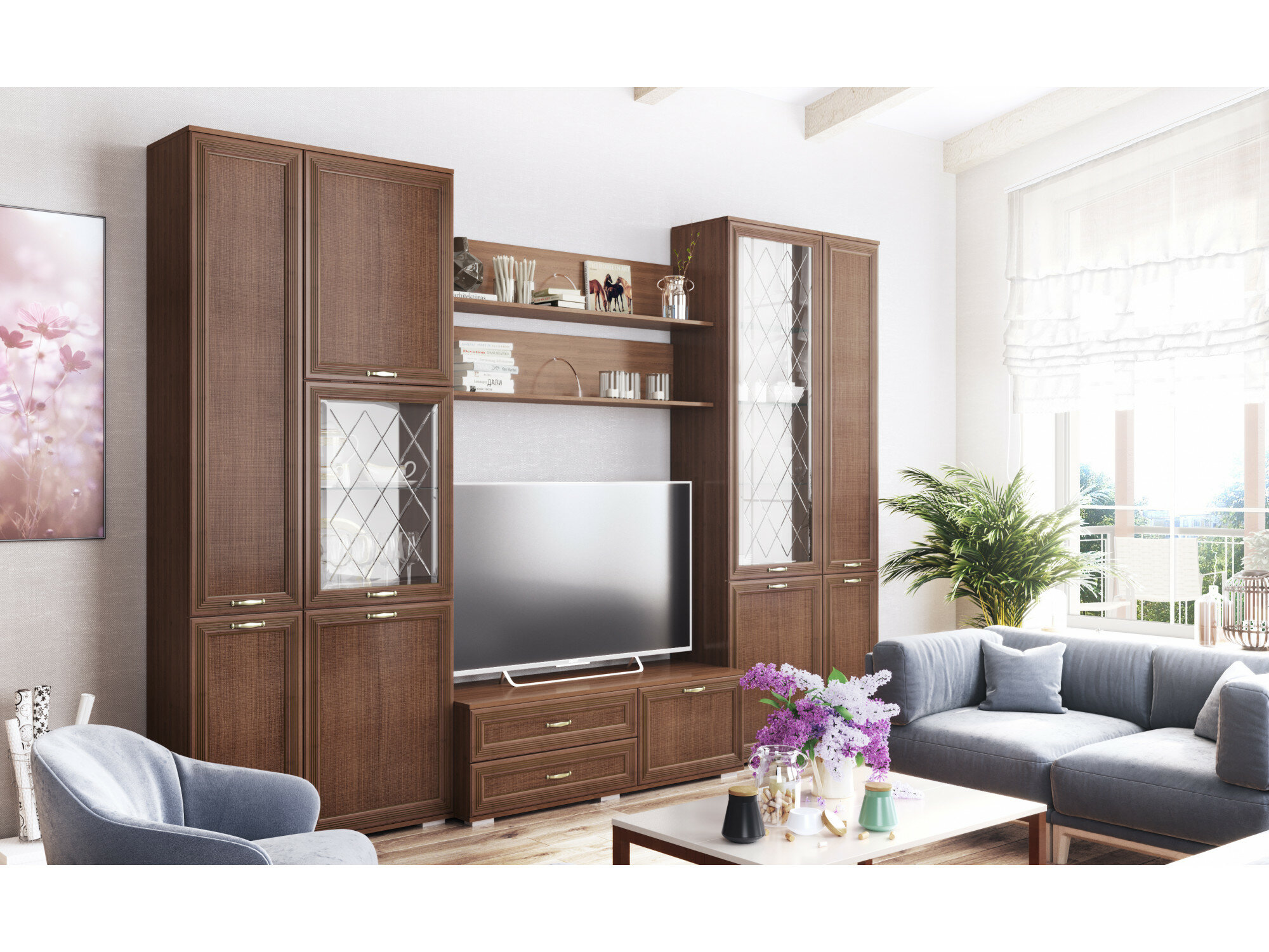 Модульная гостиная, набор 2, Орех донской (Фасад патинированная рамка и 3Д вставка МДФ)
