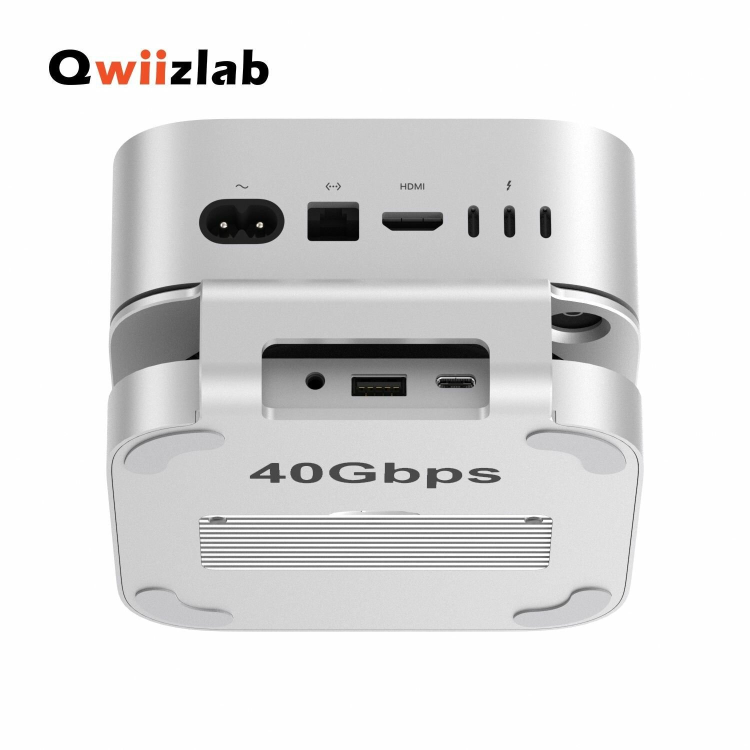Qwiizlab Алюминиевая подставка-концентратор с корпусом USB4 40Gbps Thunderbolt SSD для Mac Mini M4/M4 Pro, 3 USB-A 2.0, поддерживает M.2 NVMe PCIe SSD до 8 ТБ (серебристый)