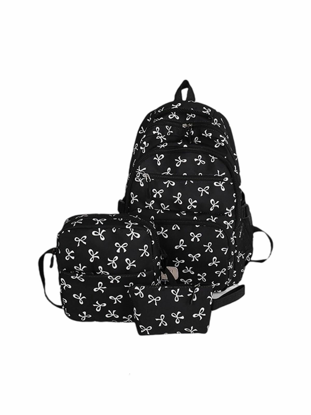 Рюкзак, Набор из трех предметов, рюкзак для студенток колледжа с бантом для девочек большой емкости-черный