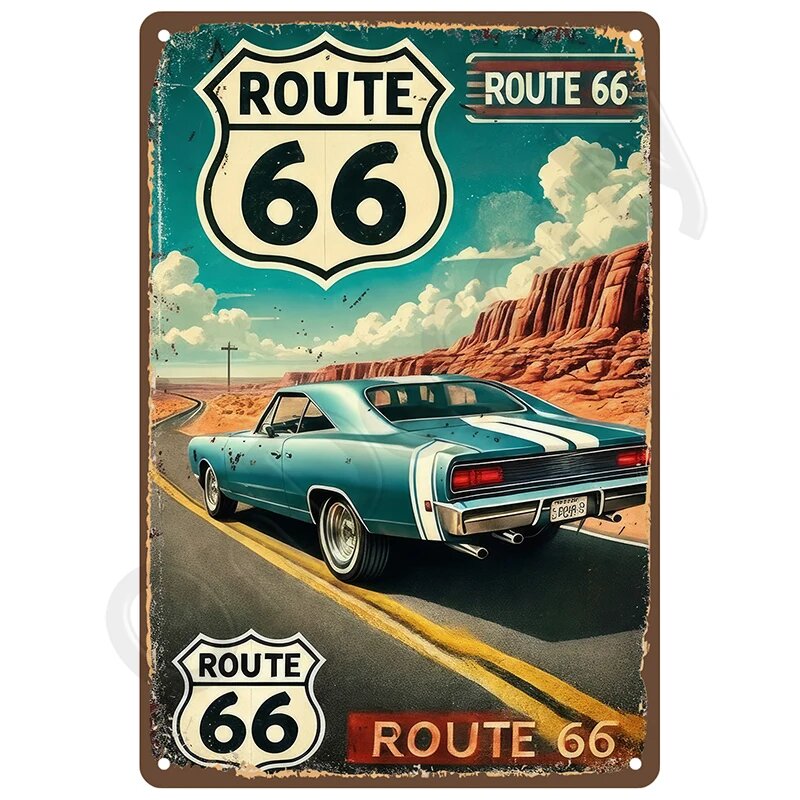 Металлическая вывеска Route 66 с автомобилем, Цвет: APYPYD 43923