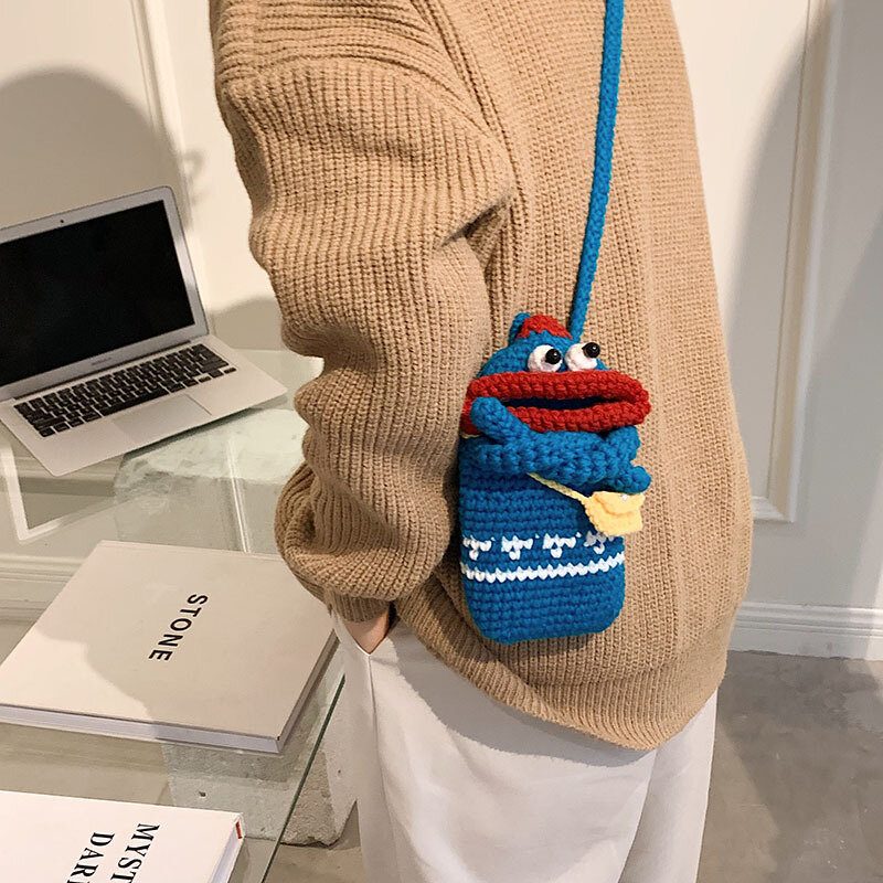 Шерстяная вязаная крючком сумка для мобильного телефона с колбасой и ртом, готовая ручная уродливая и милая сумка через плечо, женская сумка, детский кошелек для монет