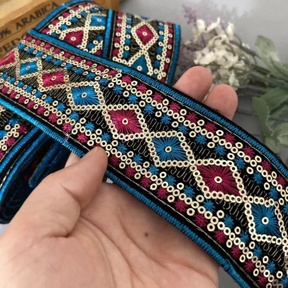 Ромб Тесьма лента трикотажная, 5 см, 2 метра красный Тесьма декоративная, с народным узором, для декора, рукоделия и творчества, синий