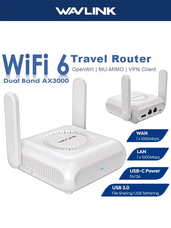 Портативный туристический VPN-маршрутизатор WAVLINK AX3000 Wi-Fi 6 с гигабитной WAN/LAN
