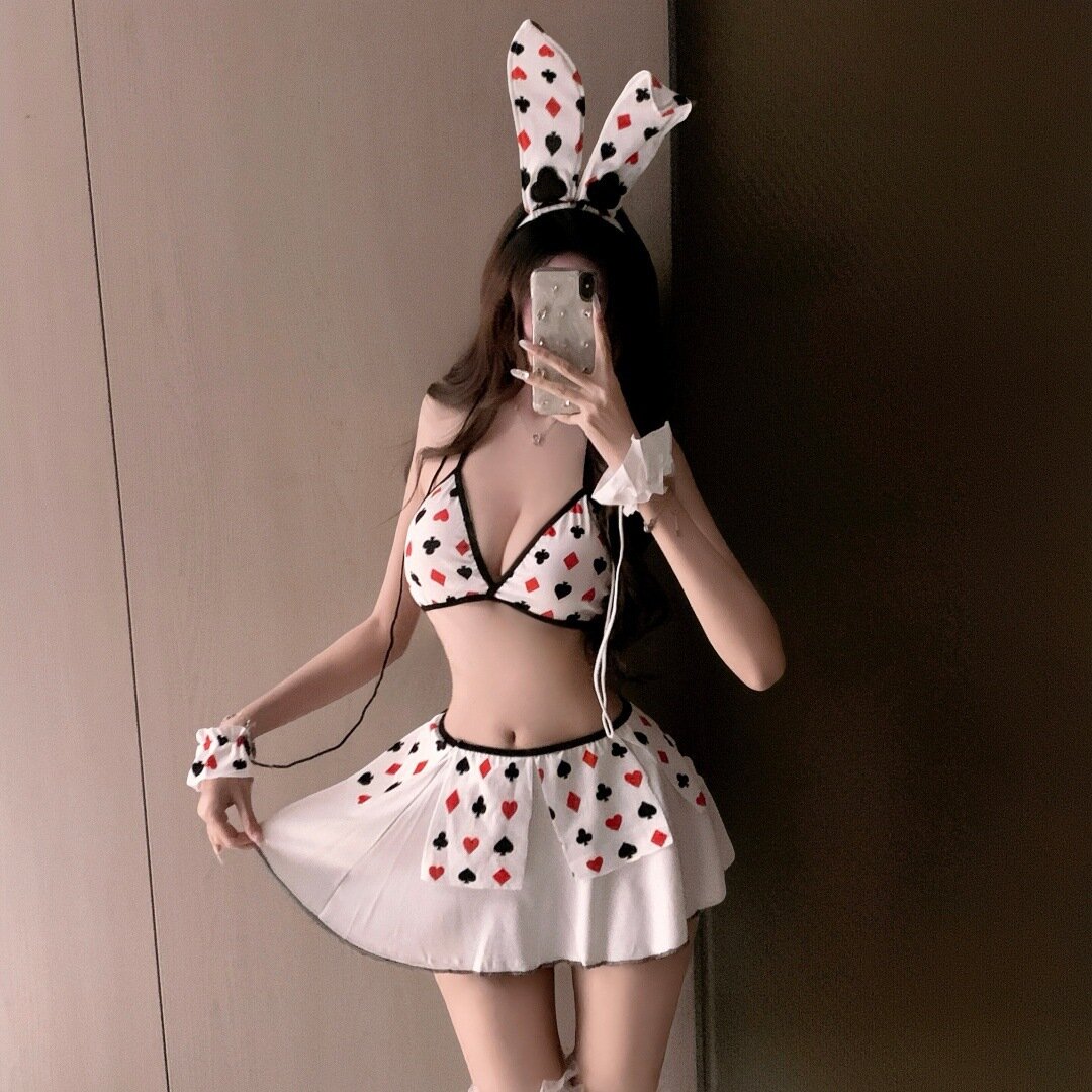 Комплект: Сексуальный комплект нижнего белья «зайчик» из трех частей, с открытой промежностью, не требует снятия, соблазнительный комплект для женщин. A-8120 Ушки + Топ + Юбка + Браслеты * 2 + Стринги