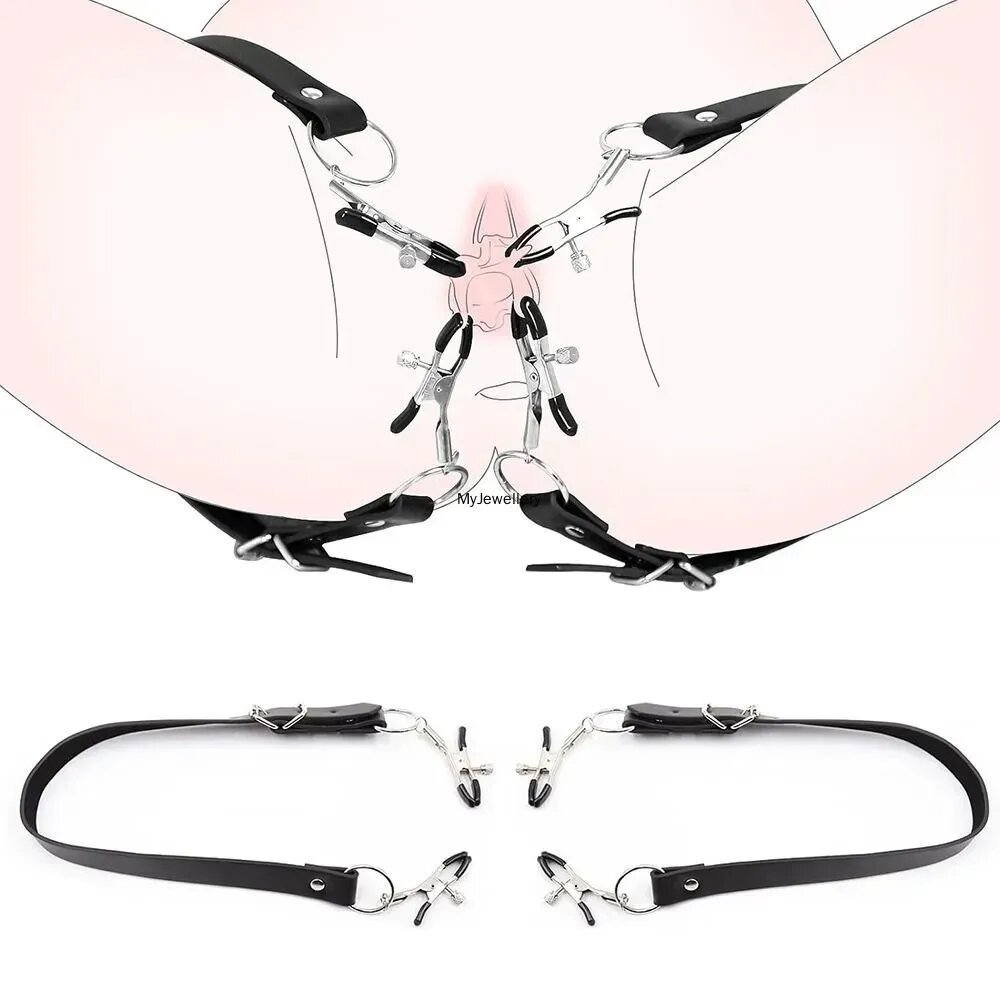 Товары для взрослых, Ремни для раздвижения половых губ с зажимами, Набор из двух штук Черный