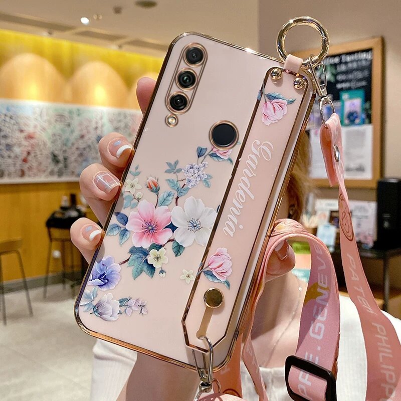 Силиконовый чехол для Huawei Enjoy 10 Plus с нежно-розовым узором вишневых цветов, в комплекте: кроссбоди-ремешок и