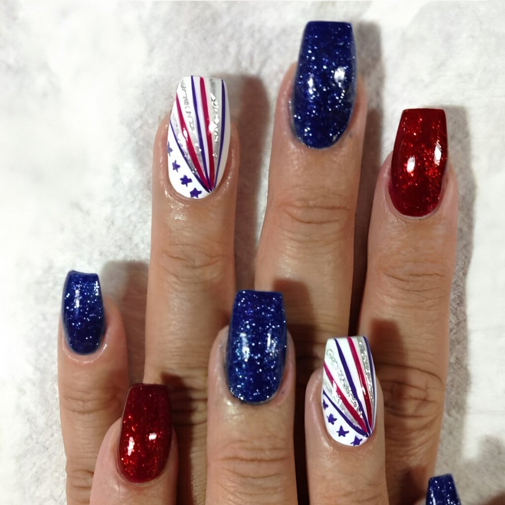 День Независимости Пресс на Ногте Миндальный Накладной Ноготь Полное Покрытие Искусственный Ноготь Акриловая Наклеечка На Ноготь для Женщин 24шт