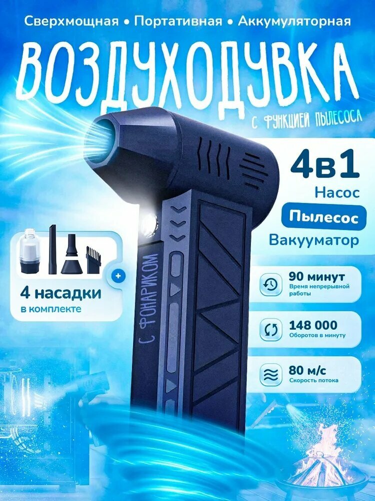 Воздуходувка - пылесос портативная аккумуляторная, Ветродуйка с функцией пылесоса / Воздуходувка для компьютера, Турбовентилятор