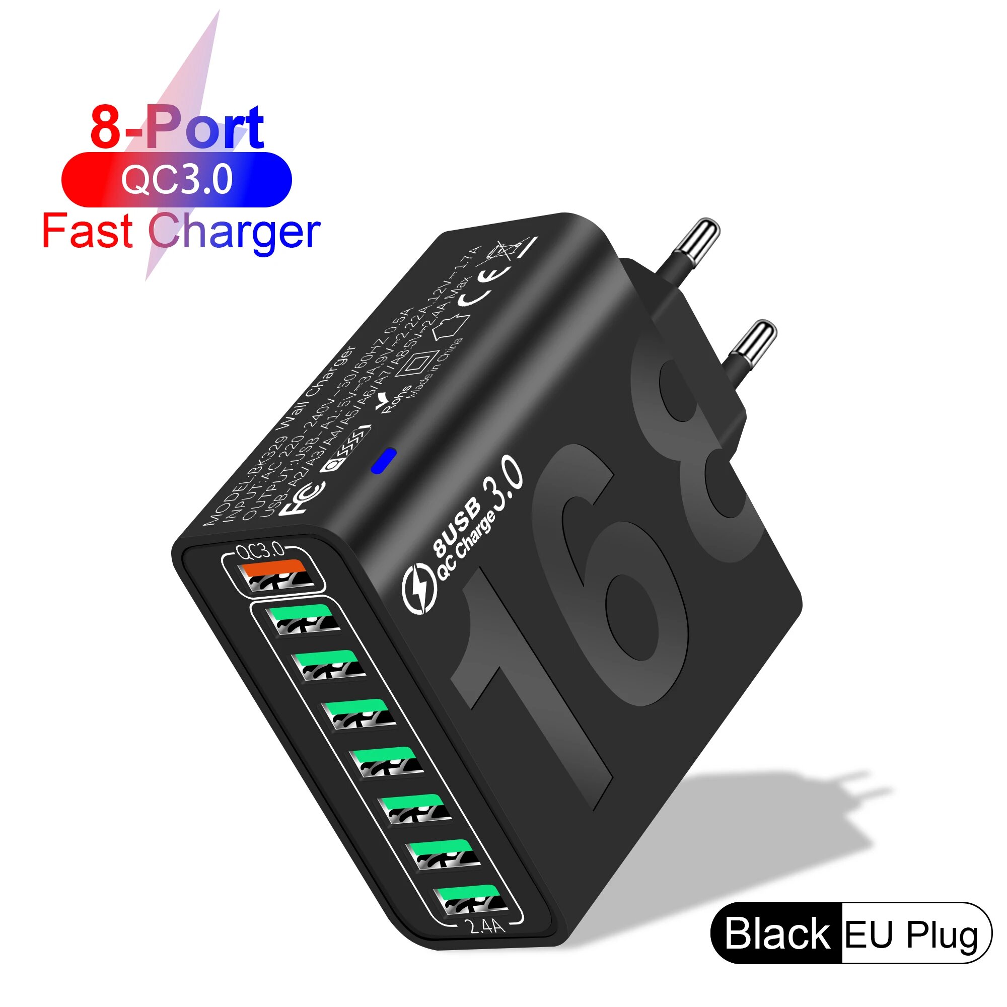 8-портовое Зарядное Устройство QC3.0 USB Для Быстрой Зарядки, Настенный Адаптер (EU/US), Совместимый С iPhone, Xiaomi, Huawei