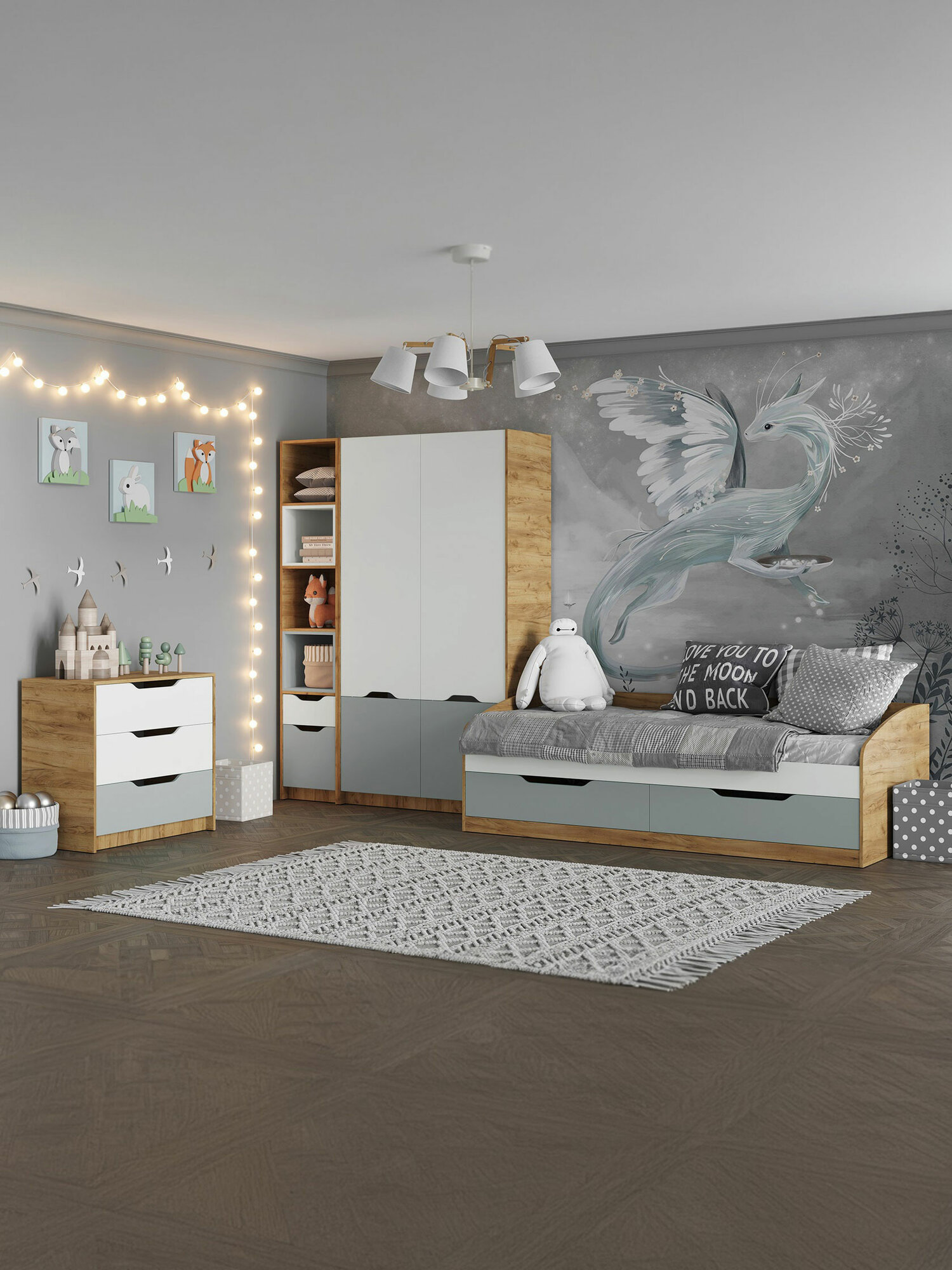 Комплект детской мебели Лео Стандарт, кровать, стеллаж, шкаф, комод, Дуб Крафт золотой / Сумеречный голубой / Пастельный зеленый