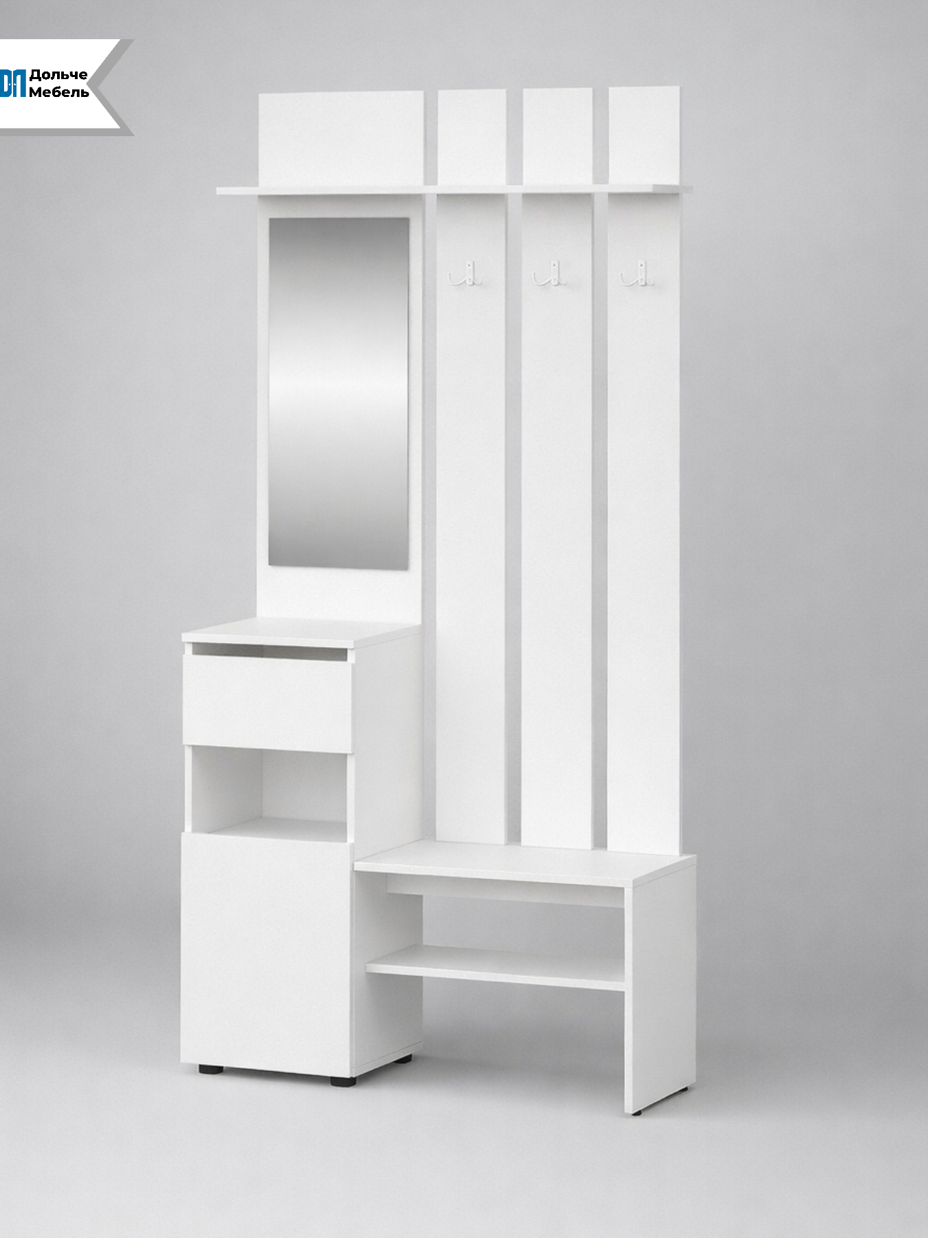 Прихожая Арника Токио 100×200×35 см, мебель в узкий коридор, вешалка с зеркалом и тумбой для обуви, цвет белый