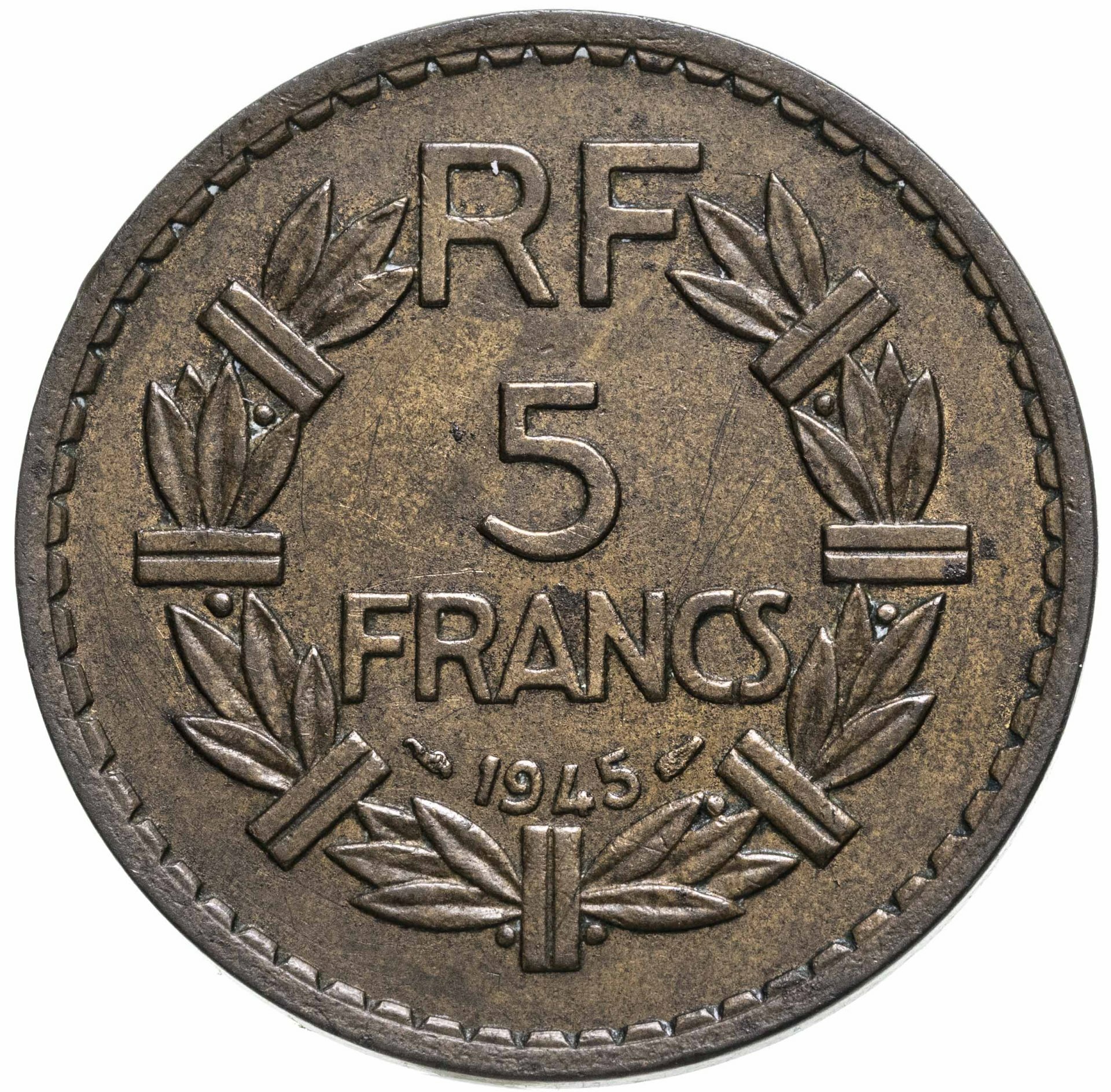 Франция 5 франков francs 1945, Алюминий, в сохранности XF