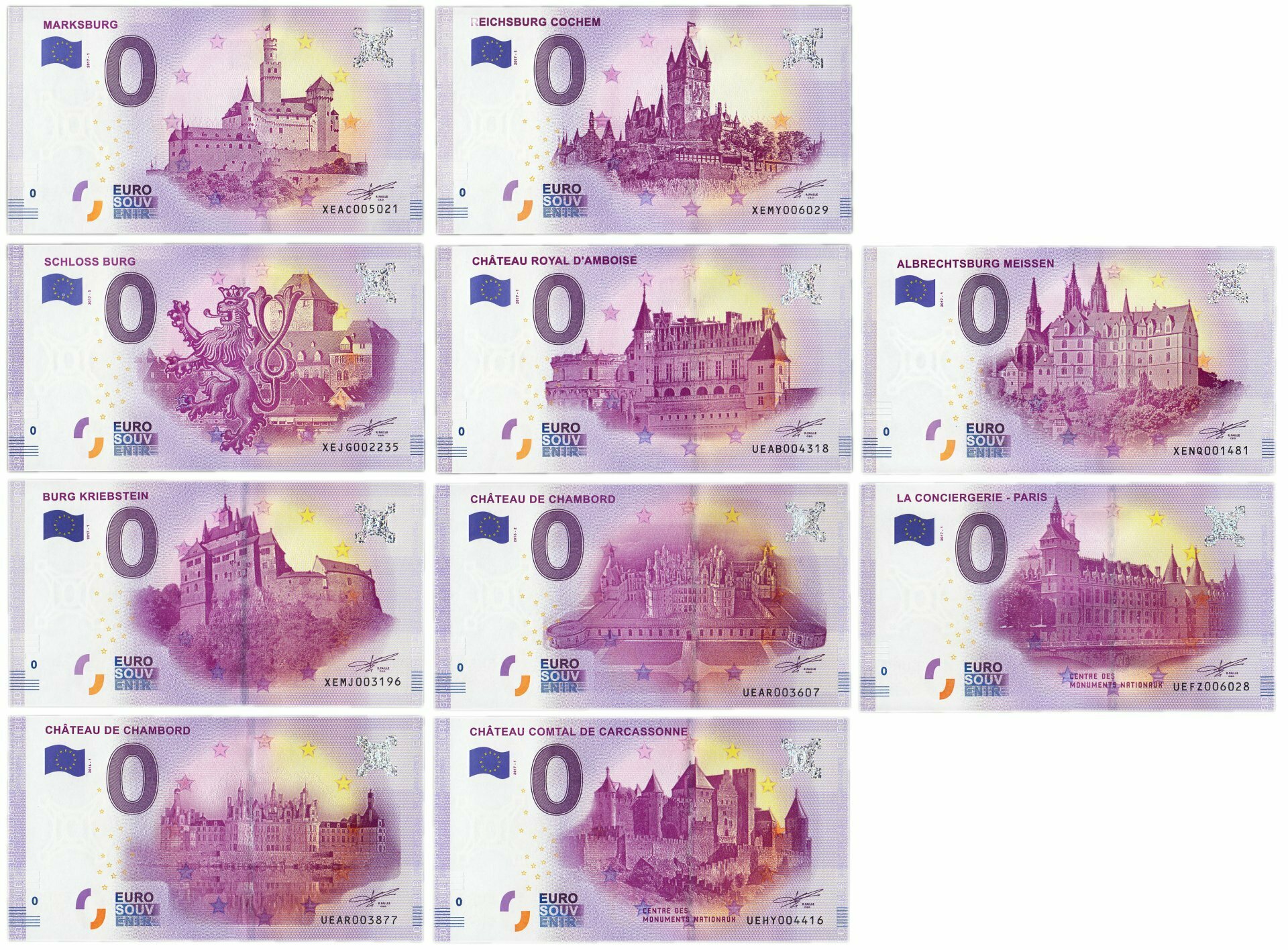 0 евро euro набор из 10 банкнот "Замки и дворцы"