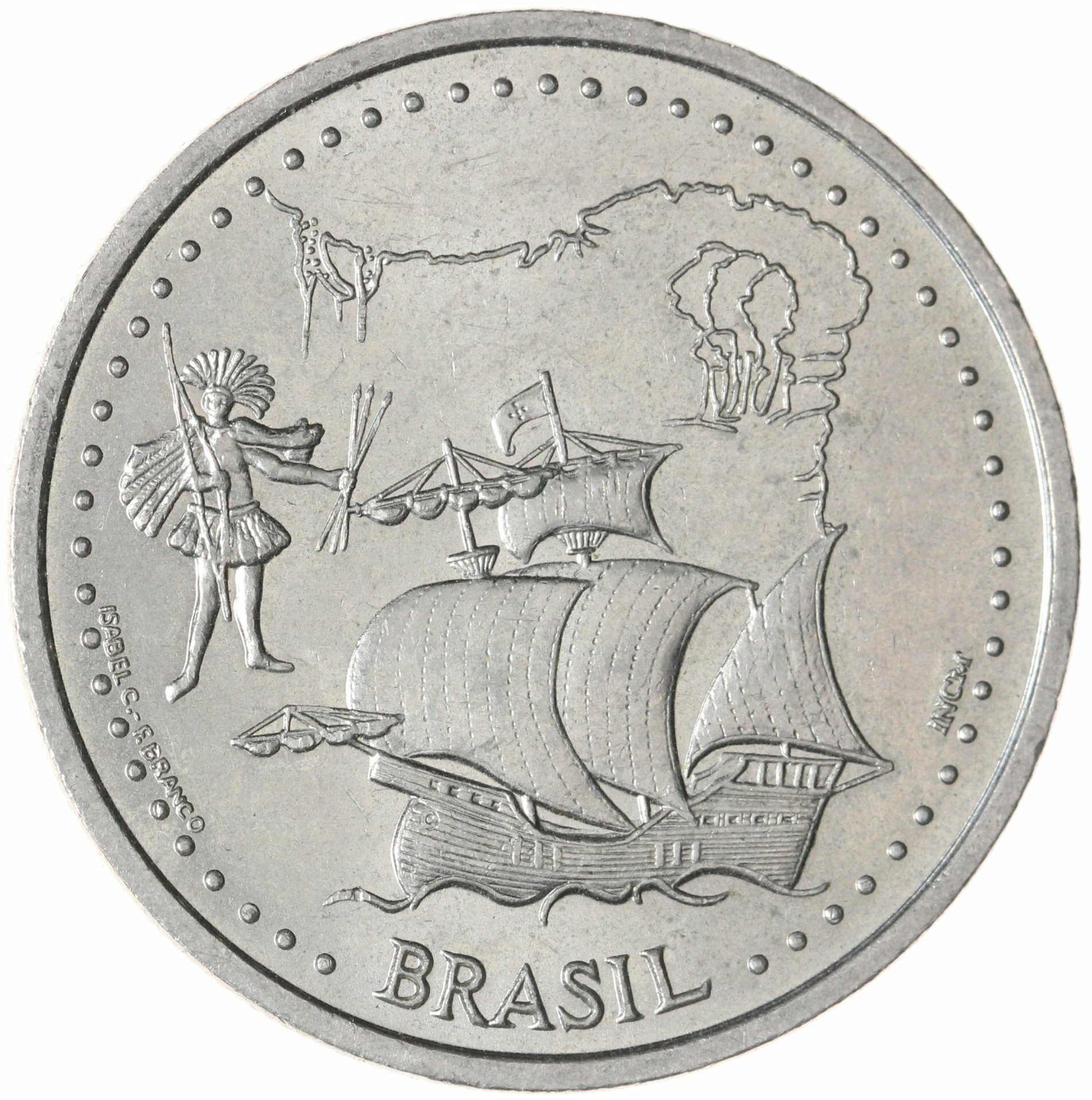 Португалия 200 эскудо escudos 1999 500 лет с момента открытия Бразилии, Мельхиор медь-никель, в сохранности AU-UNC