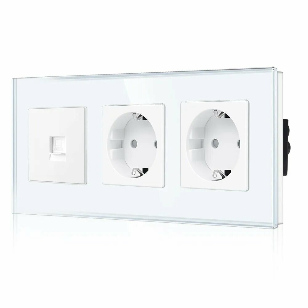 Розетка электрическая 3 поста 220В +Розетка RJ-45 CAT6 Ethernet Белый Стекло