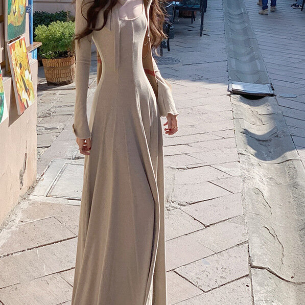 Горячая распродажа【】Балетный стиль, художественное платье с большим подолом, квадратным вырезом, вязаным поясом, длинными рукавами, вязаная ткань