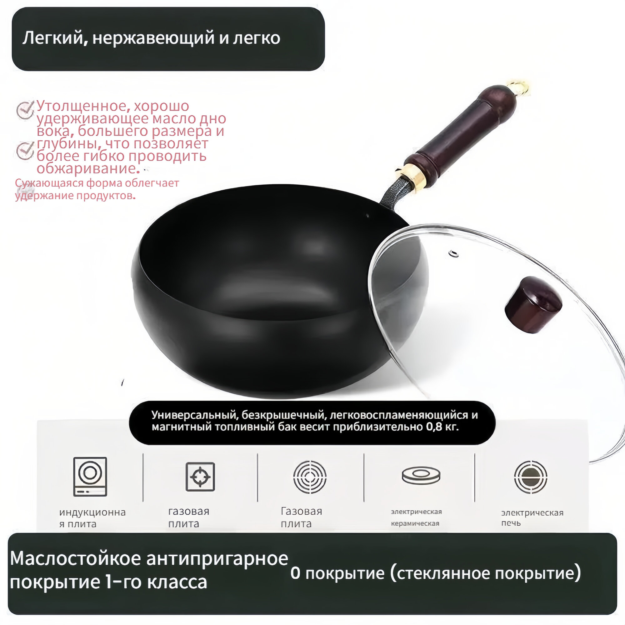 Чугунная сковорода Wok "Большой живот" 24см антипригарная без покрытия, глубокая жарка с защитой от брызг