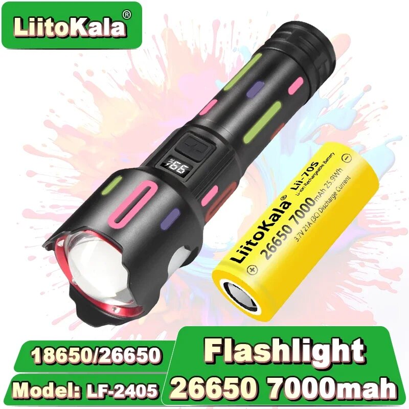 Перезаряжаемый флуоресцентный фонарь Liitokala 2405, 1900 лм, с зарядкой Type-C, регулируемым лучом, водонепроницаемостью IP65, аккумулятор 26650