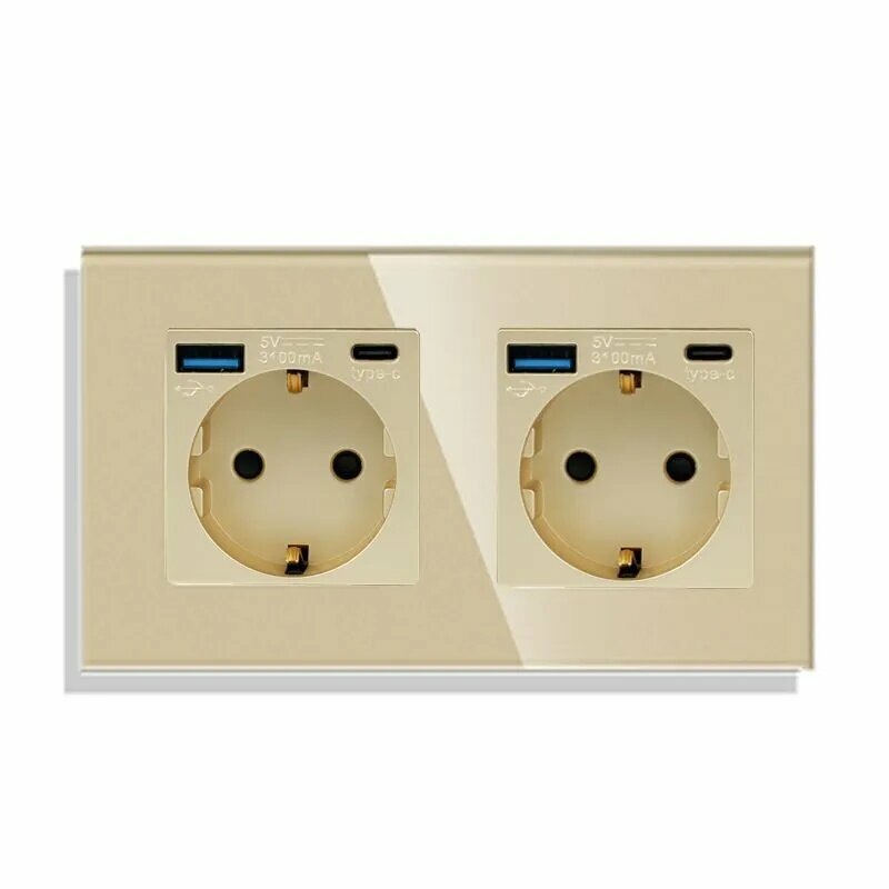 Розетка электрическая с USB/TYPE-C AC, 2 пост 16А, рамка 86*158mm стекло, 5 вольт,3.1A